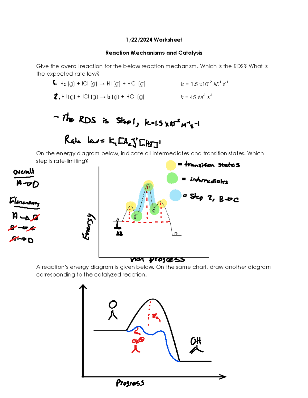 01 22 WS - 1/22/2024 Worksheet Reaction Mechanisms and Catalysis Give ...