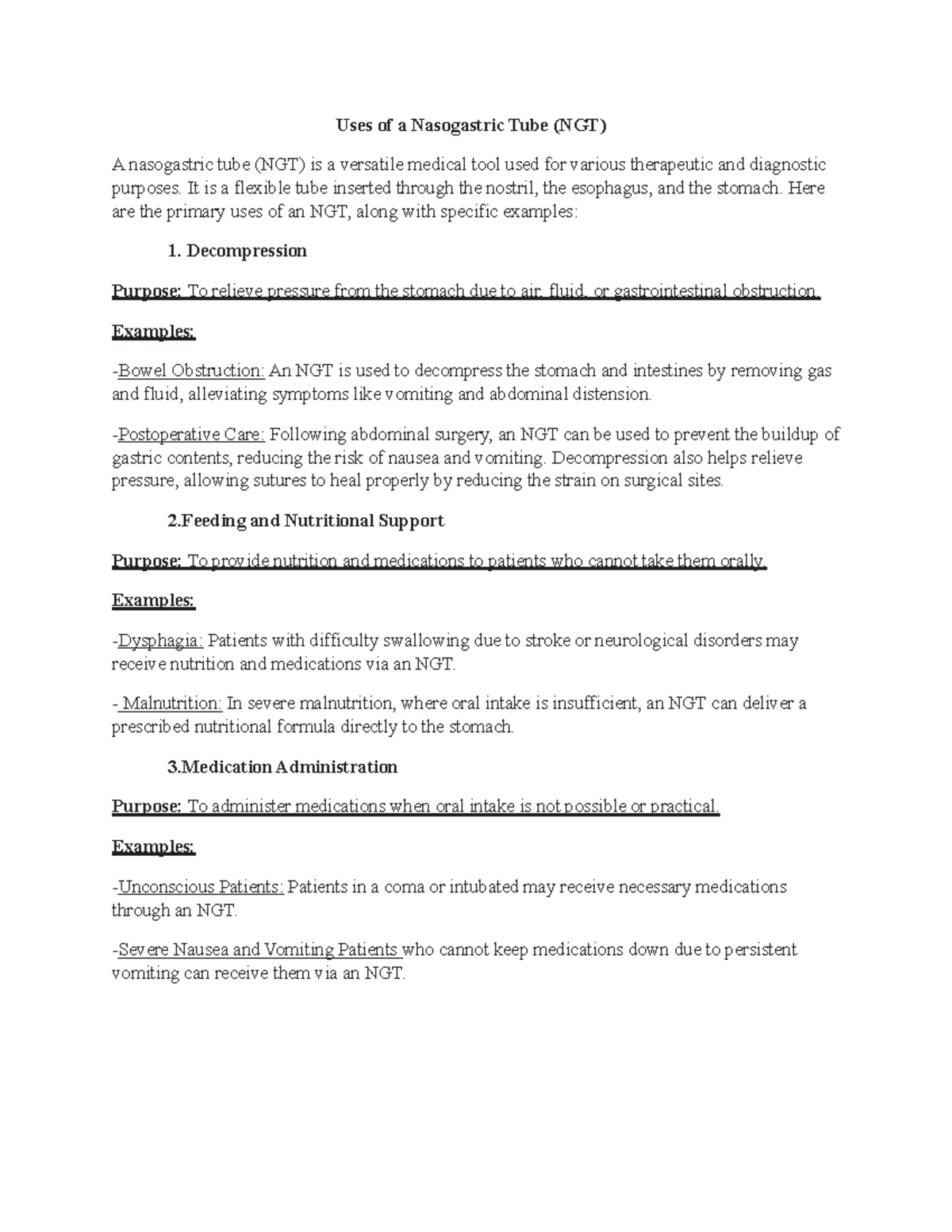 Ng tube notes - Summary Health Alterations I - Uses of a Nasogastric ...