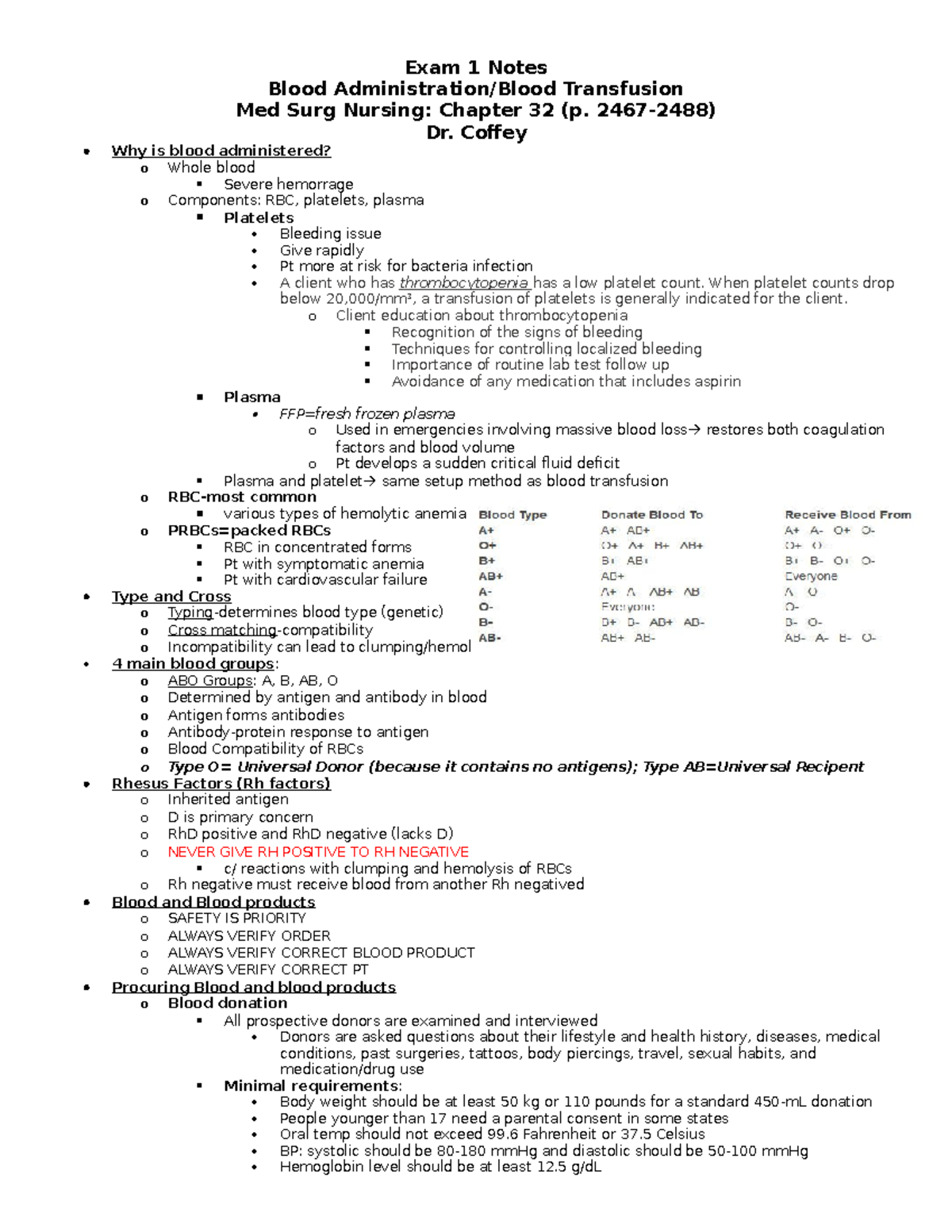 Med Surg Exam 1 Notes Blood Admin - Blood Administration/Blood ...