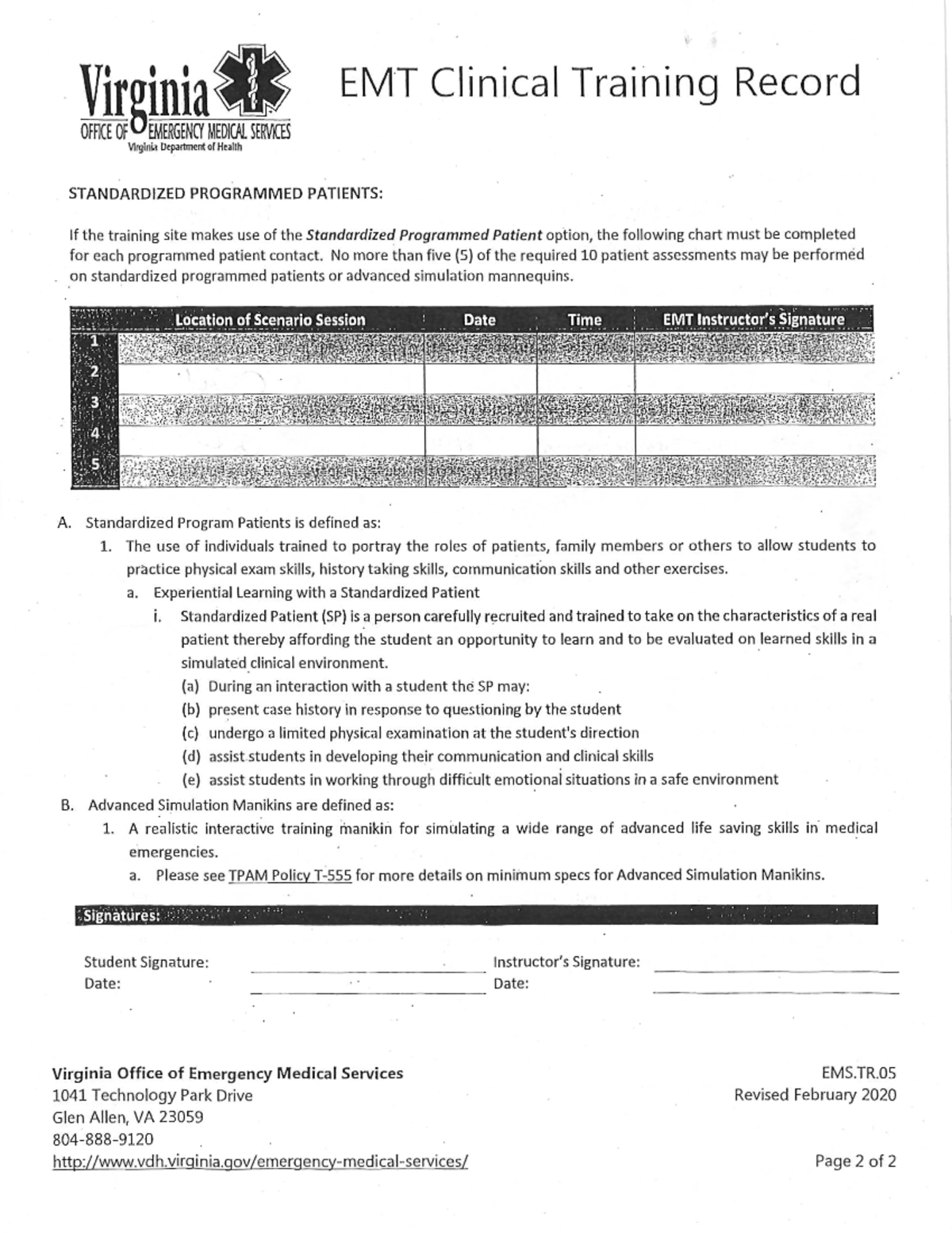 5 Programmed Patient Contacts - Virginia EMT Clinical Training Record ...