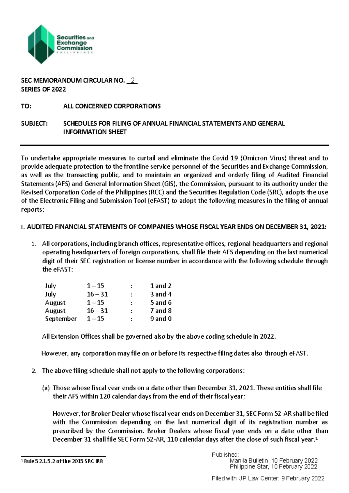 2022MCNo02 - SEC MEMORANDUM CIRCULAR NO. ___ SERIES OF 2022 TO: ALL ...