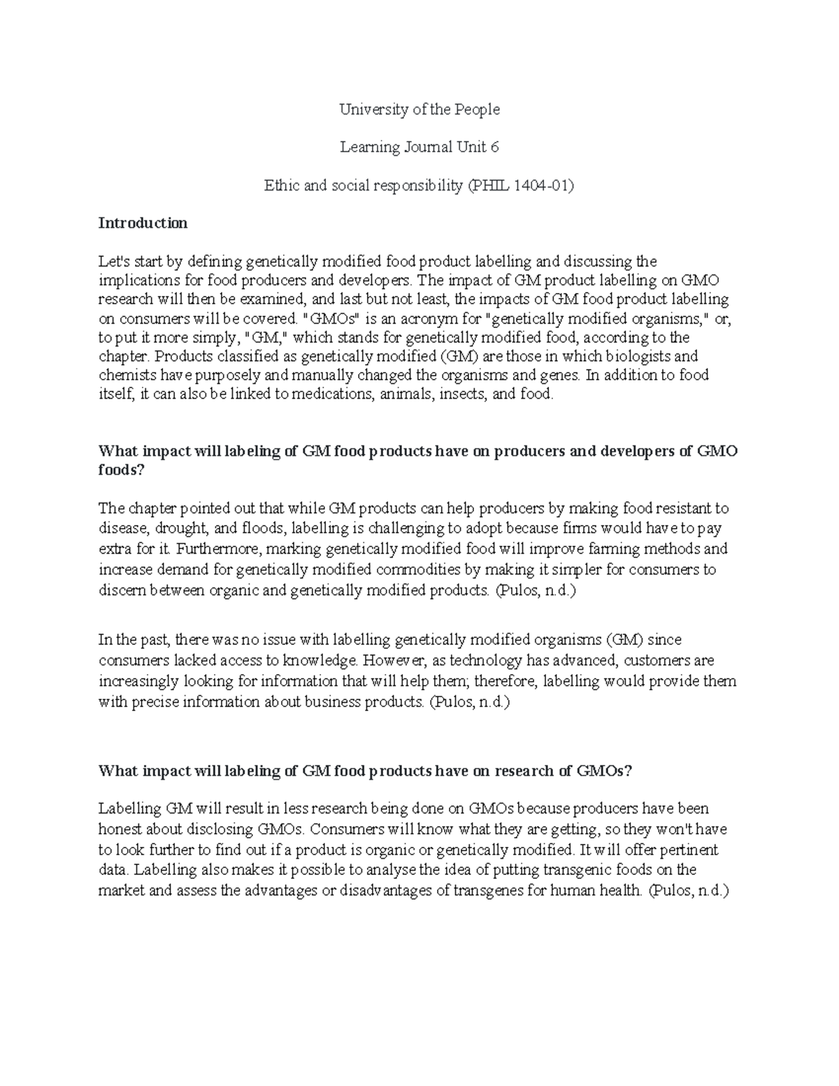 Learning Journal unit 6 - University of the People Learning Journal ...