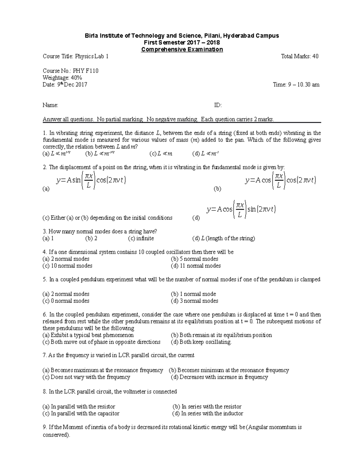 Question Paper COMPRE 2017 - Birla Institute of Technology and Science, Pilani, Hyderabad Campus ...
