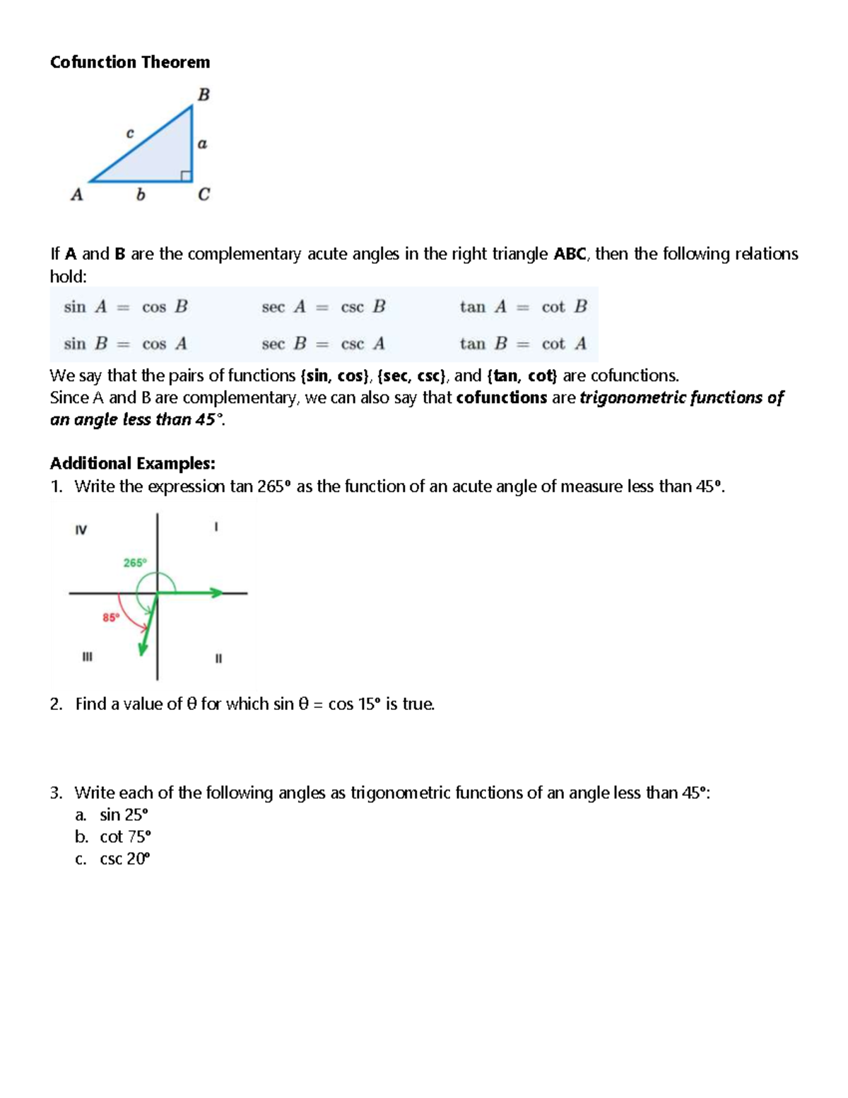 Cofunction Theorem - N/A - Cofunction Theorem If A and B are the ...