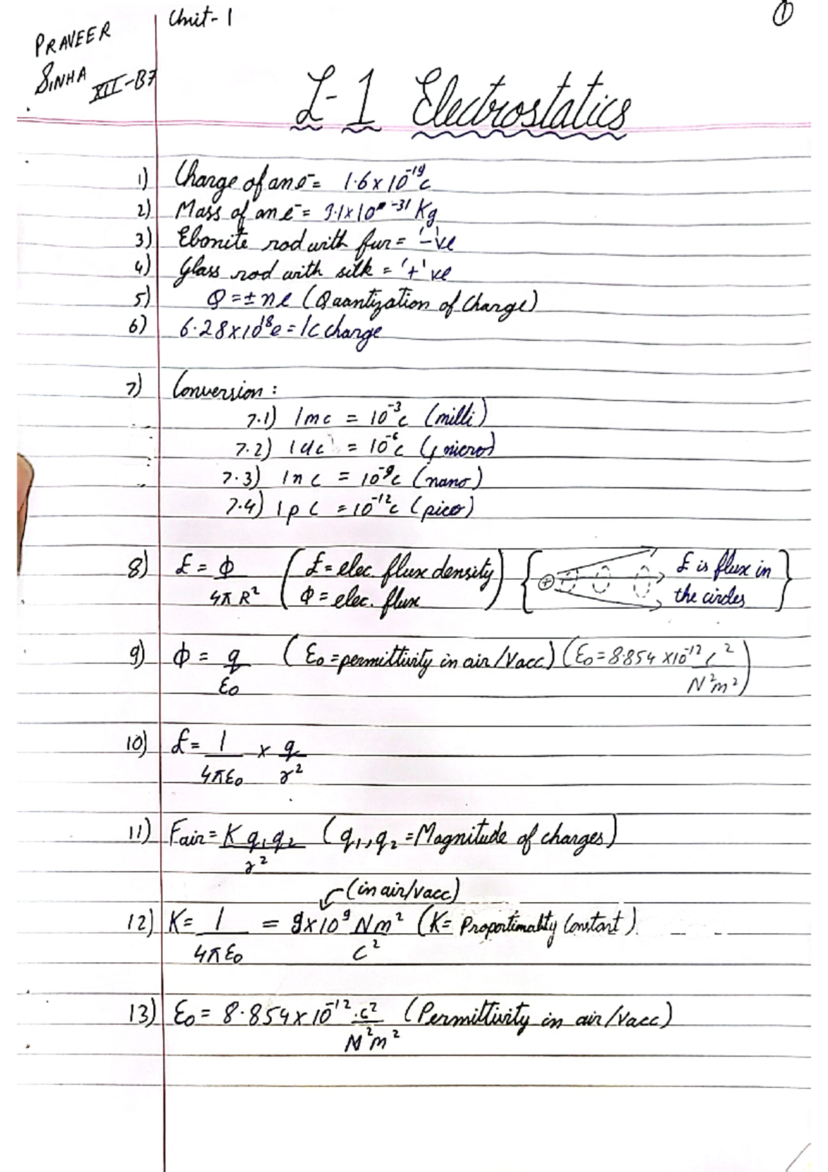 Physics PA-1 formula sheet - I PRAVEER SINHA Electrostatics 1) Charge of an 1 2) Mass of an Kg ...