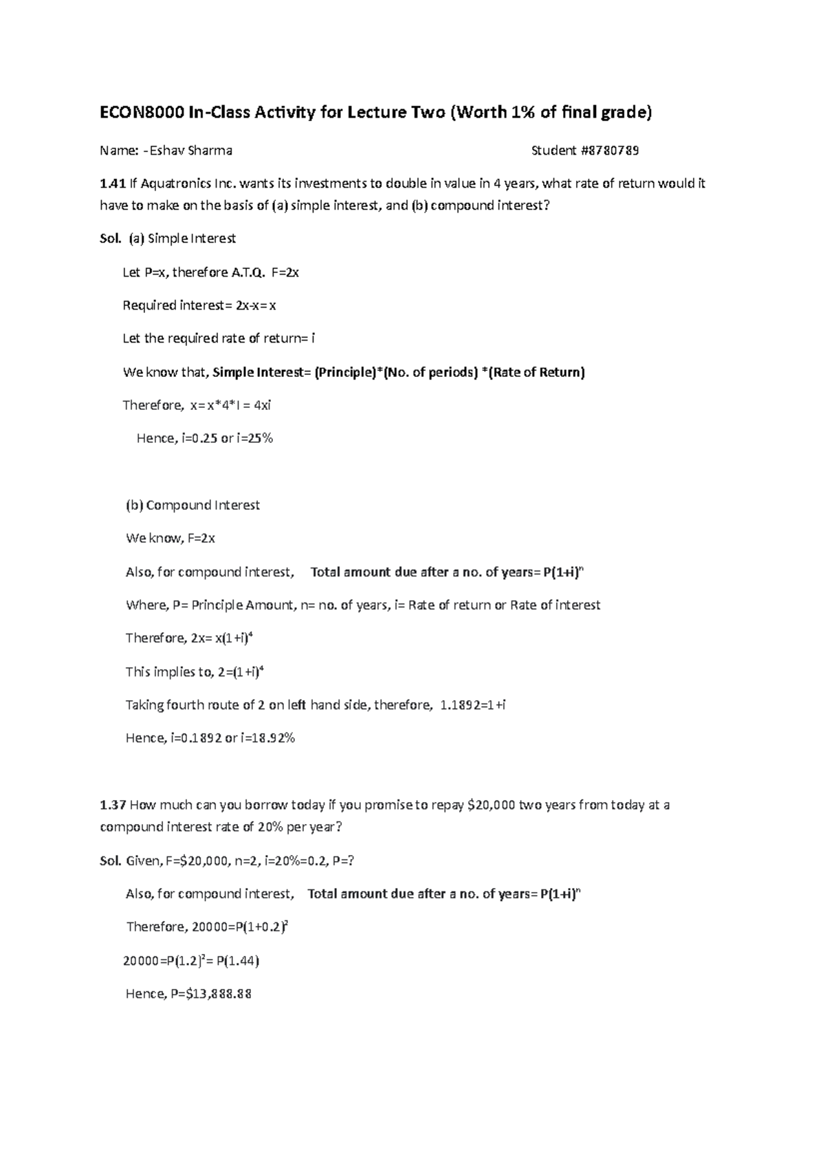 ECON8060 assignment 2 - 789456 - ECON8000 In-Class Activity for Lecture Two (Worth 1% of final ...