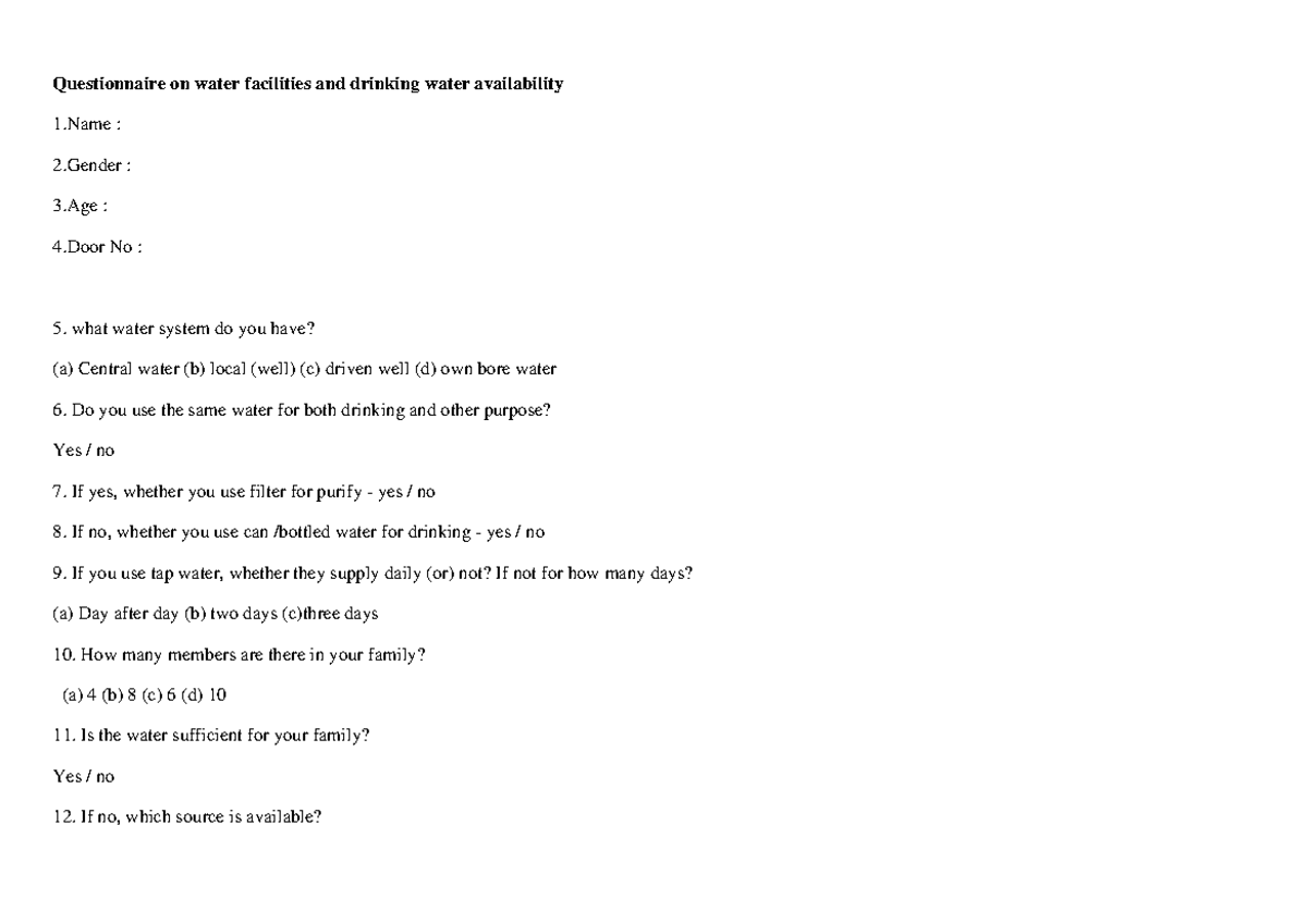 Water facilities questionnaire - Questionnaire on water facilities and ...