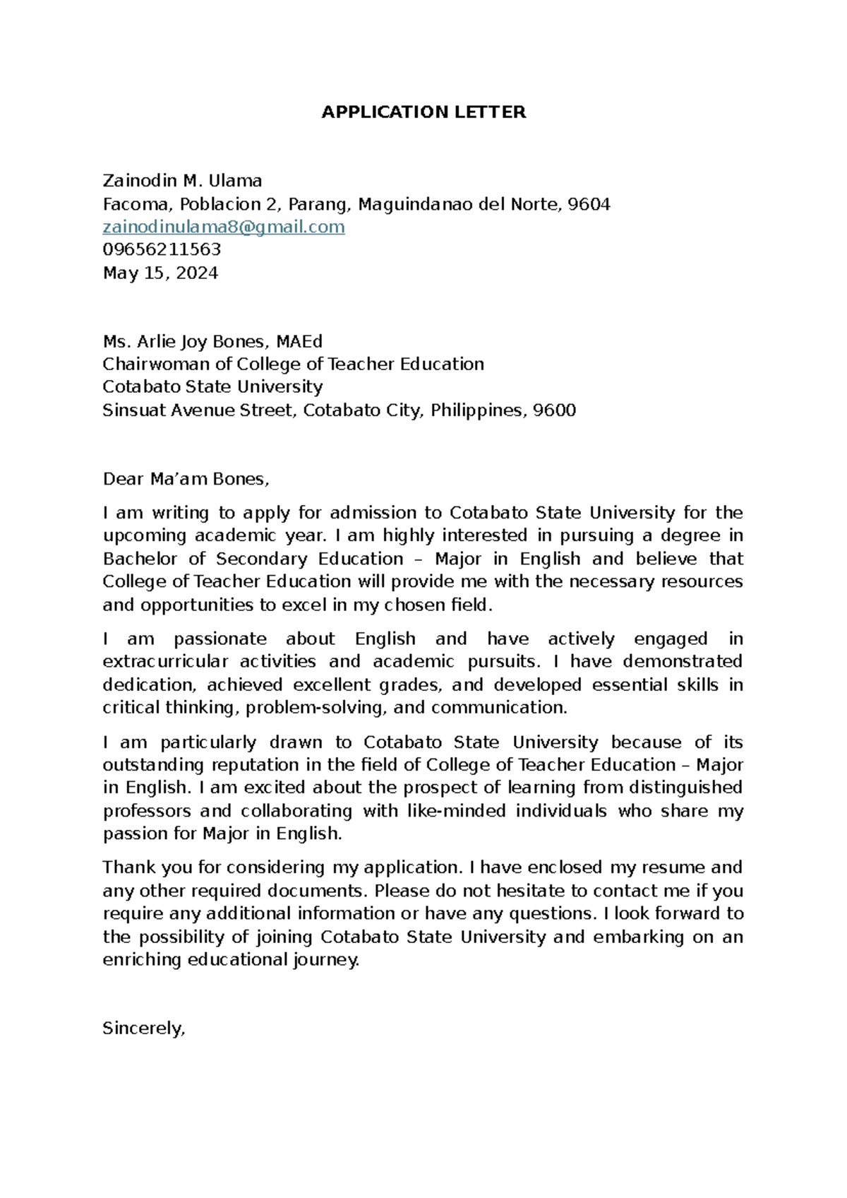 Application Letters - APPLICATION LETTER Zainodin M. Ulama Facoma ...