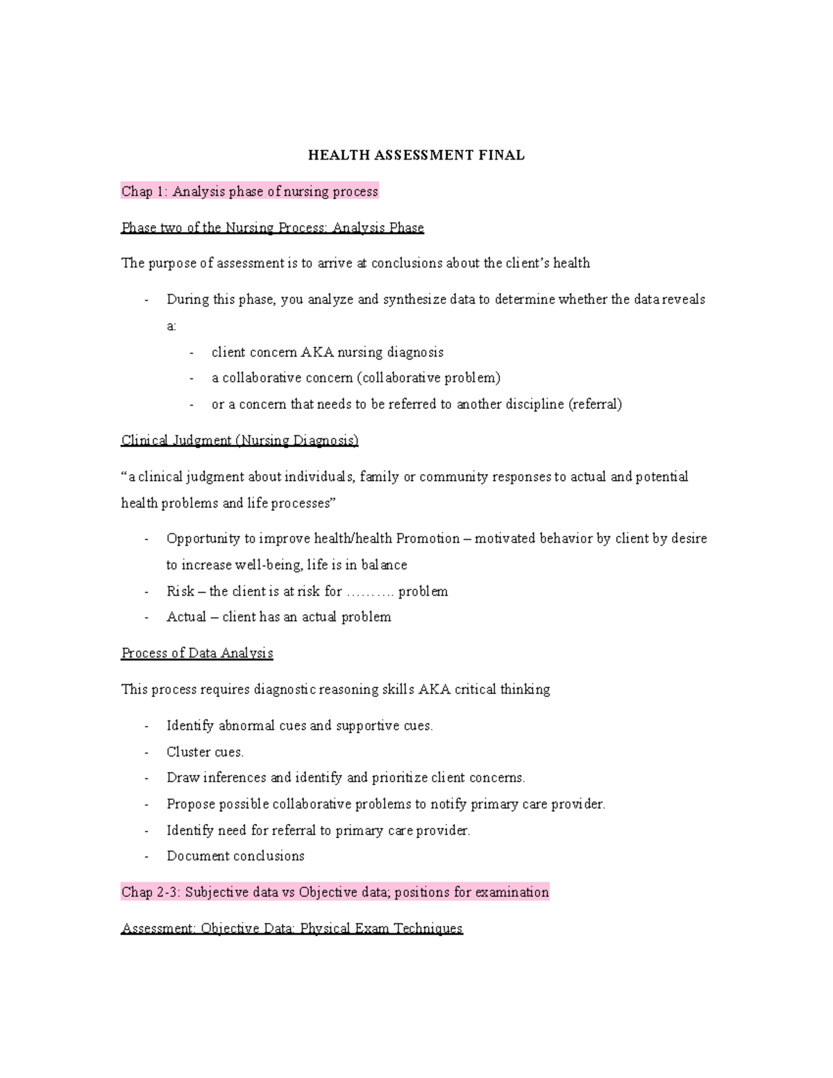 Health Assessment Final - HEALTH ASSESSMENT FINAL Chap 1: Analysis ...