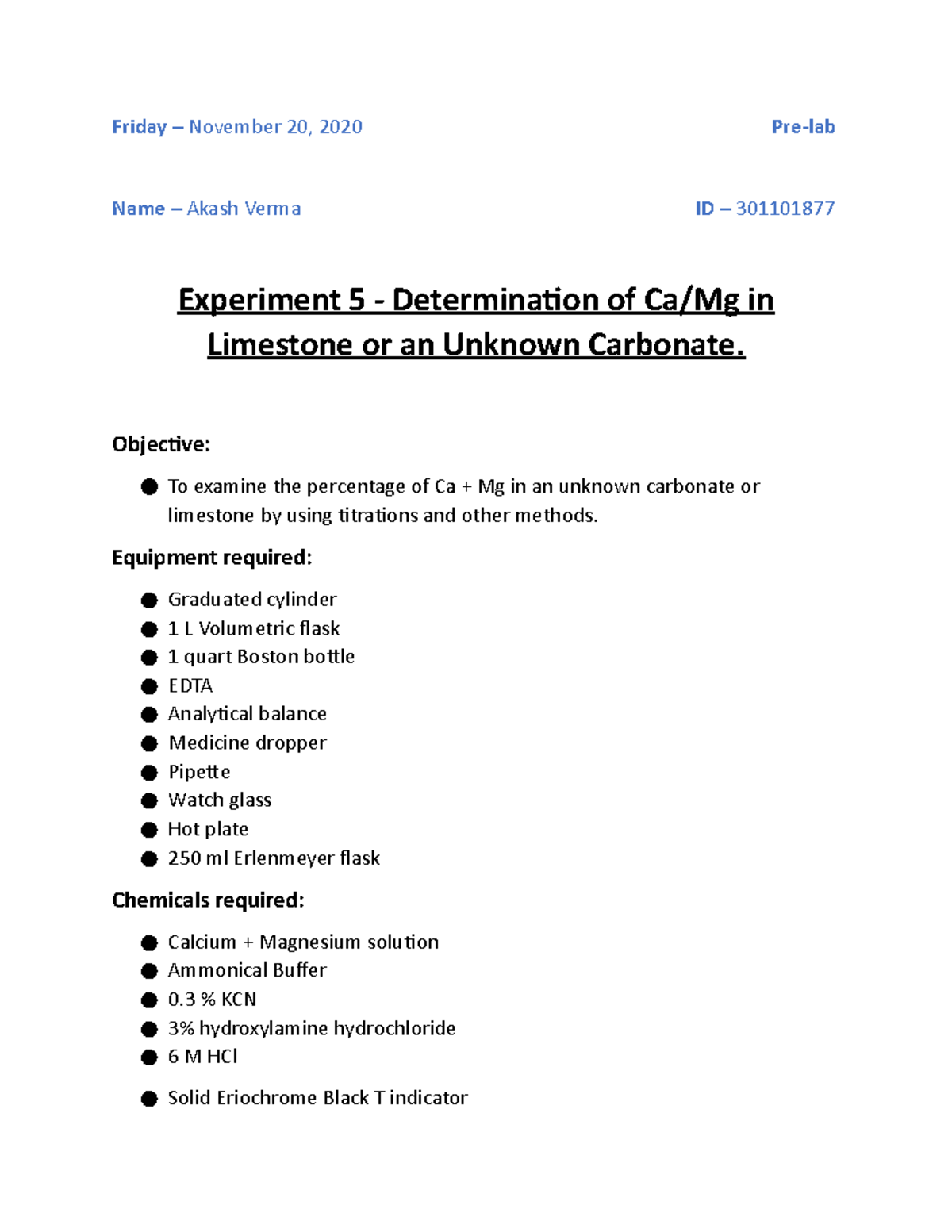 Experiment 5 prelab - LAB 5 - Friday – November 20, 2020 Pre-lab Name ...