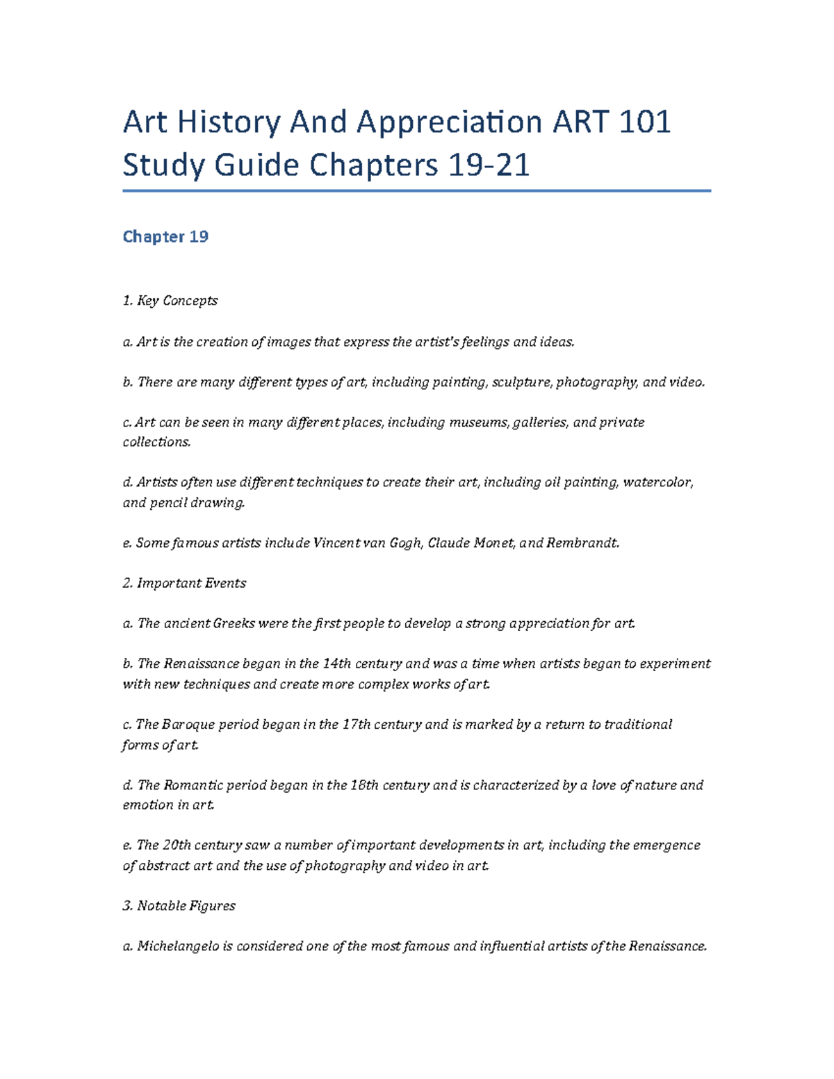 Art History And Appreciation ART 101 Study Guide Chapters 19-21 - Art ...