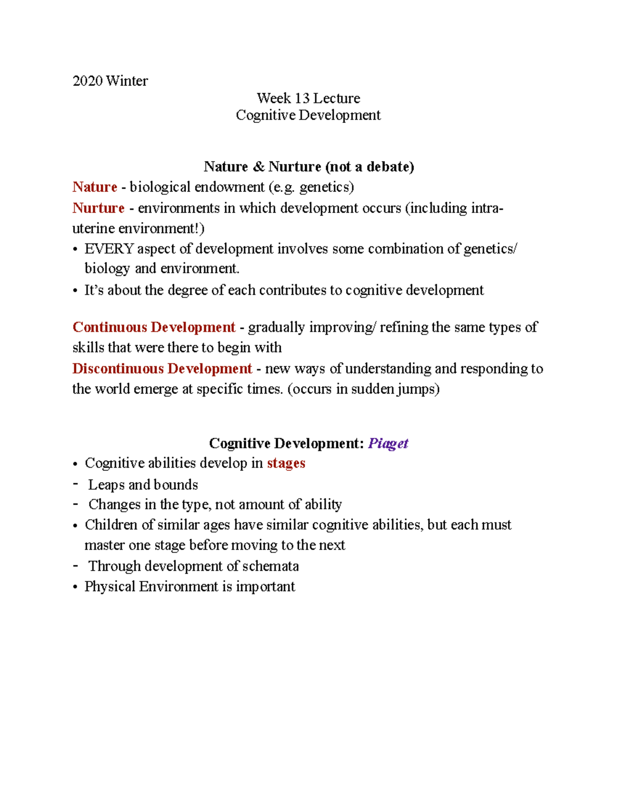 Week 13 Cognitive Development - 2020 Winter Week 13 Lecture Cognitive ...