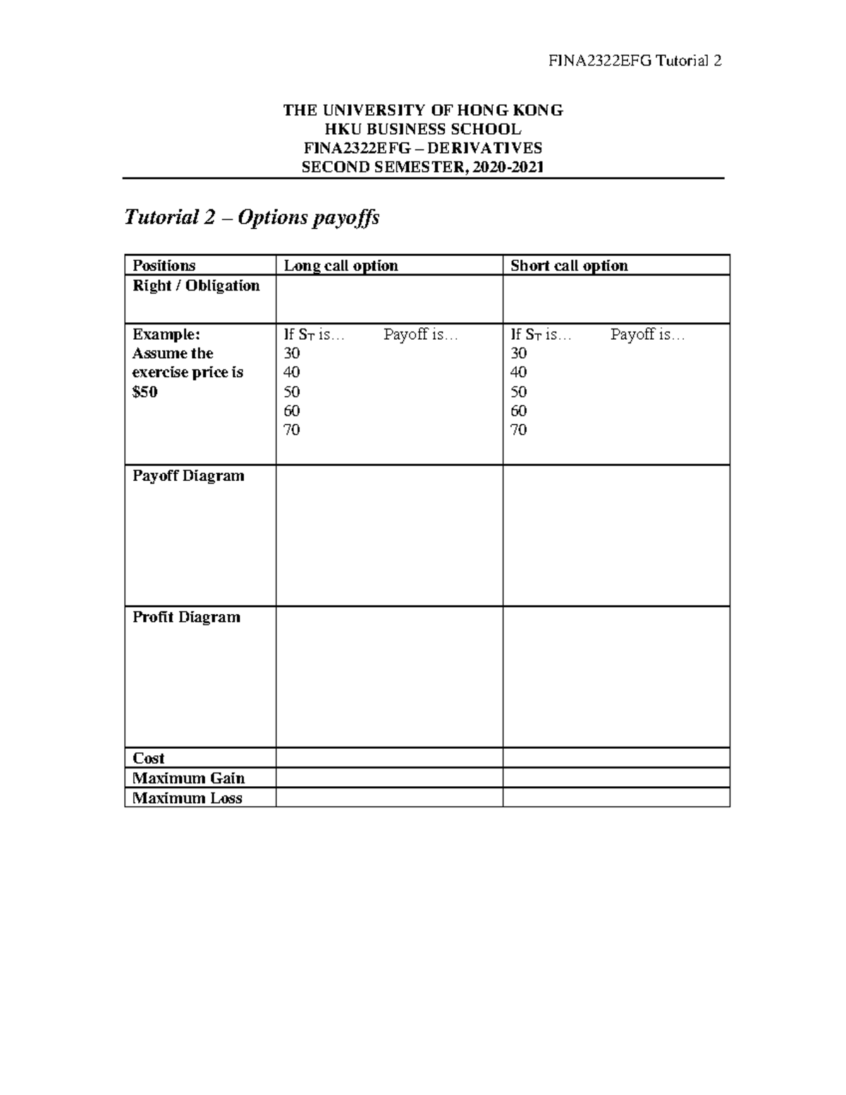 FINA2322 Tutorial 2 - THE UNIVERSITY OF HONG KONG HKU BUSINESS SCHOOL ...