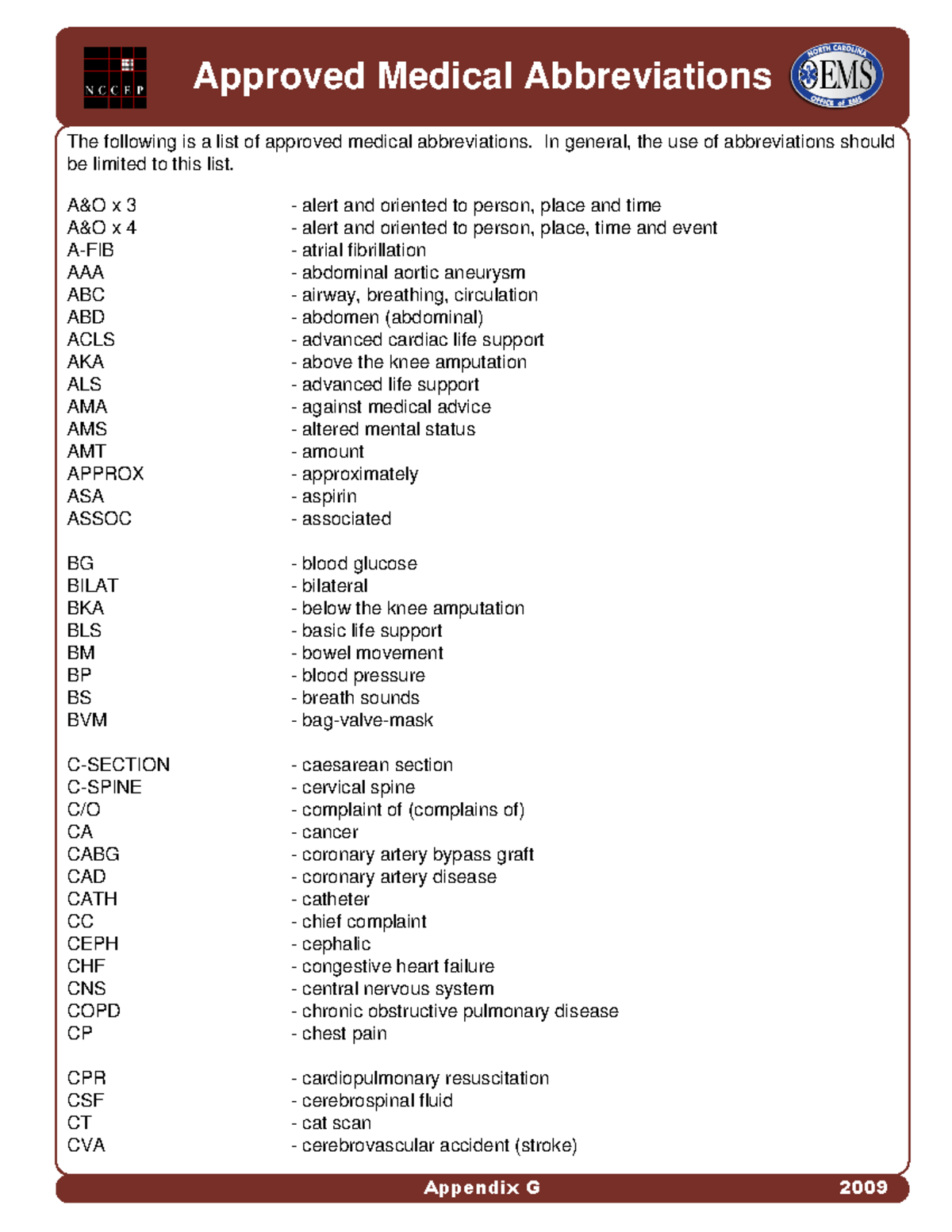 Nursing Abbreviations - The following is a list of approved medical ...