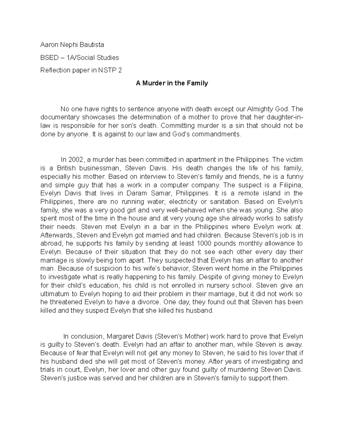 A Murder in the Family (reflection paper in NSTP 2) - Aaron Nephi ...