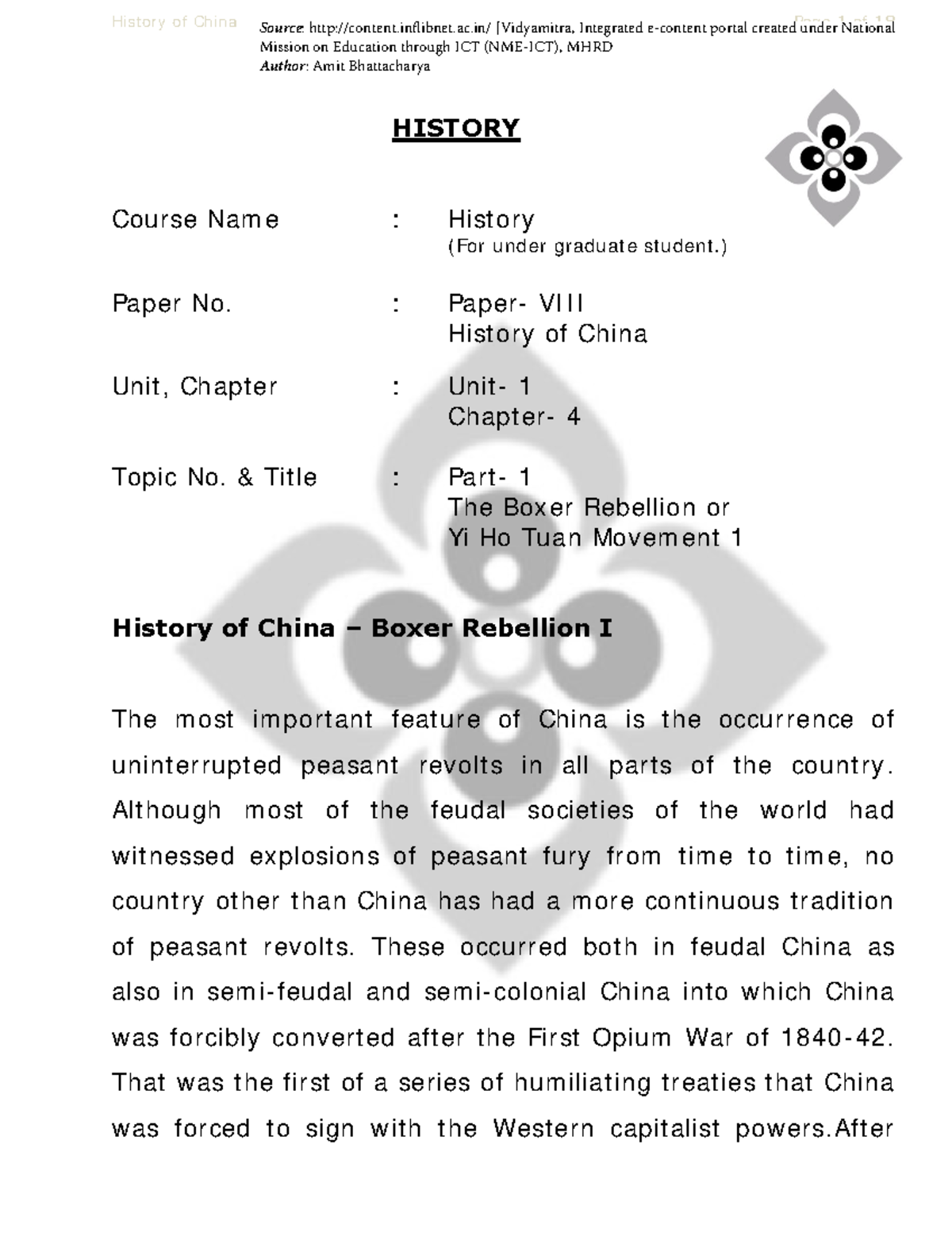 A. Bhattacharya The Boxer Rebellion I - HISTORY Course Nam e : Hist ory ...
