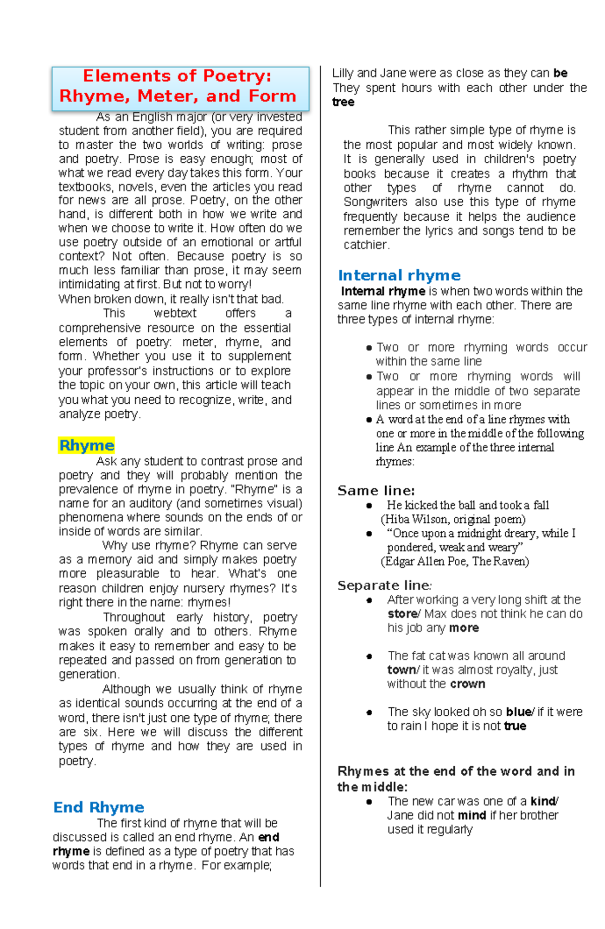 Elements of Poetry - Elements of Poetry: Rhyme, Meter, and Form As an ...