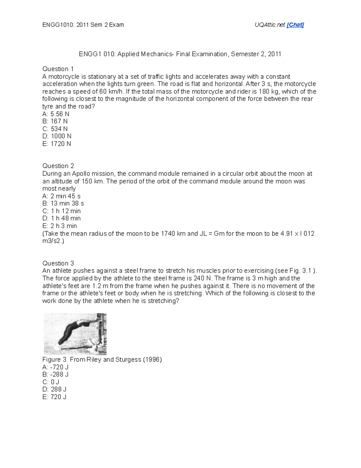 Exam 2011, Questions - ENGG1 010: Applied Mechanics- Final Examination ...