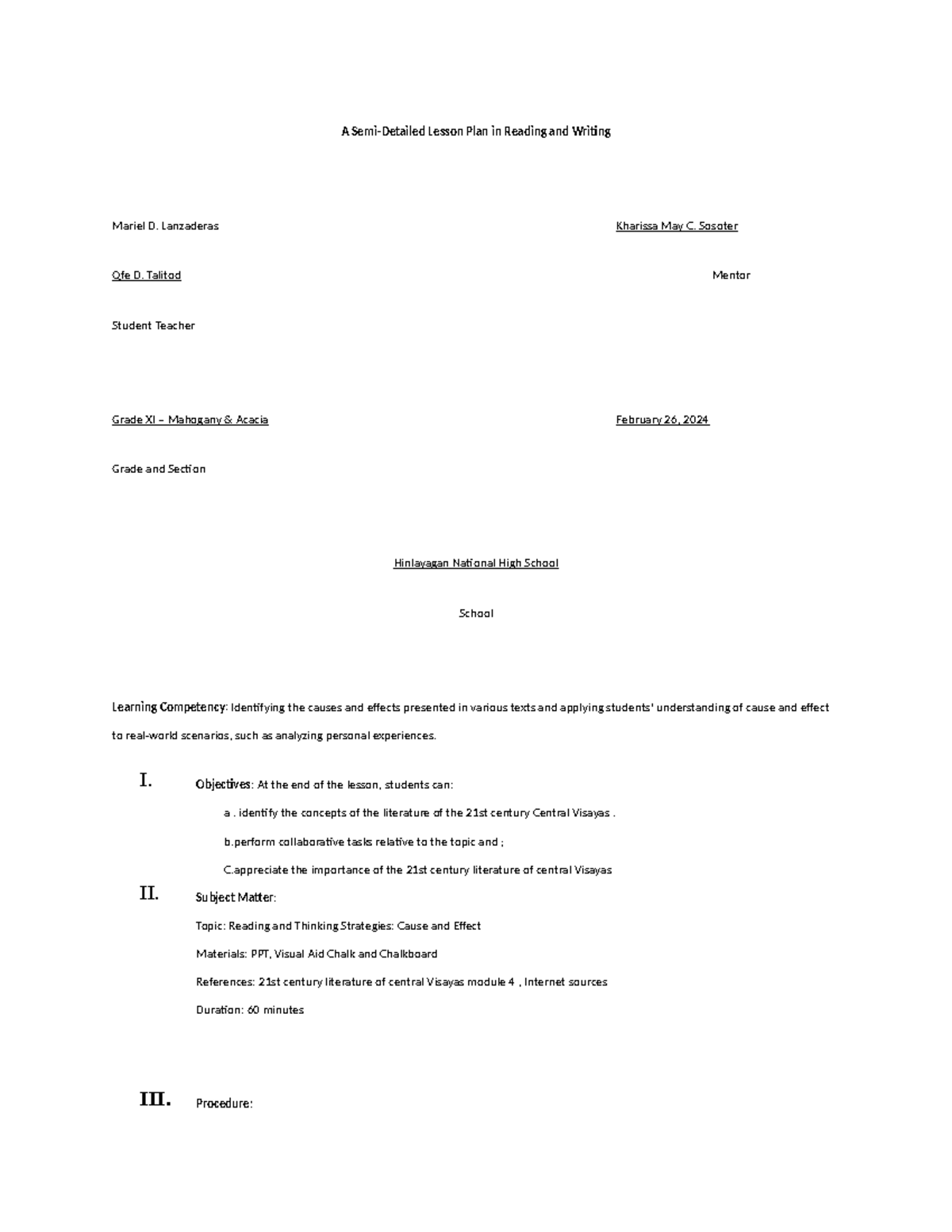 Cause and effect lesson plan 3 - A Semi-Detailed Lesson Plan in Reading ...