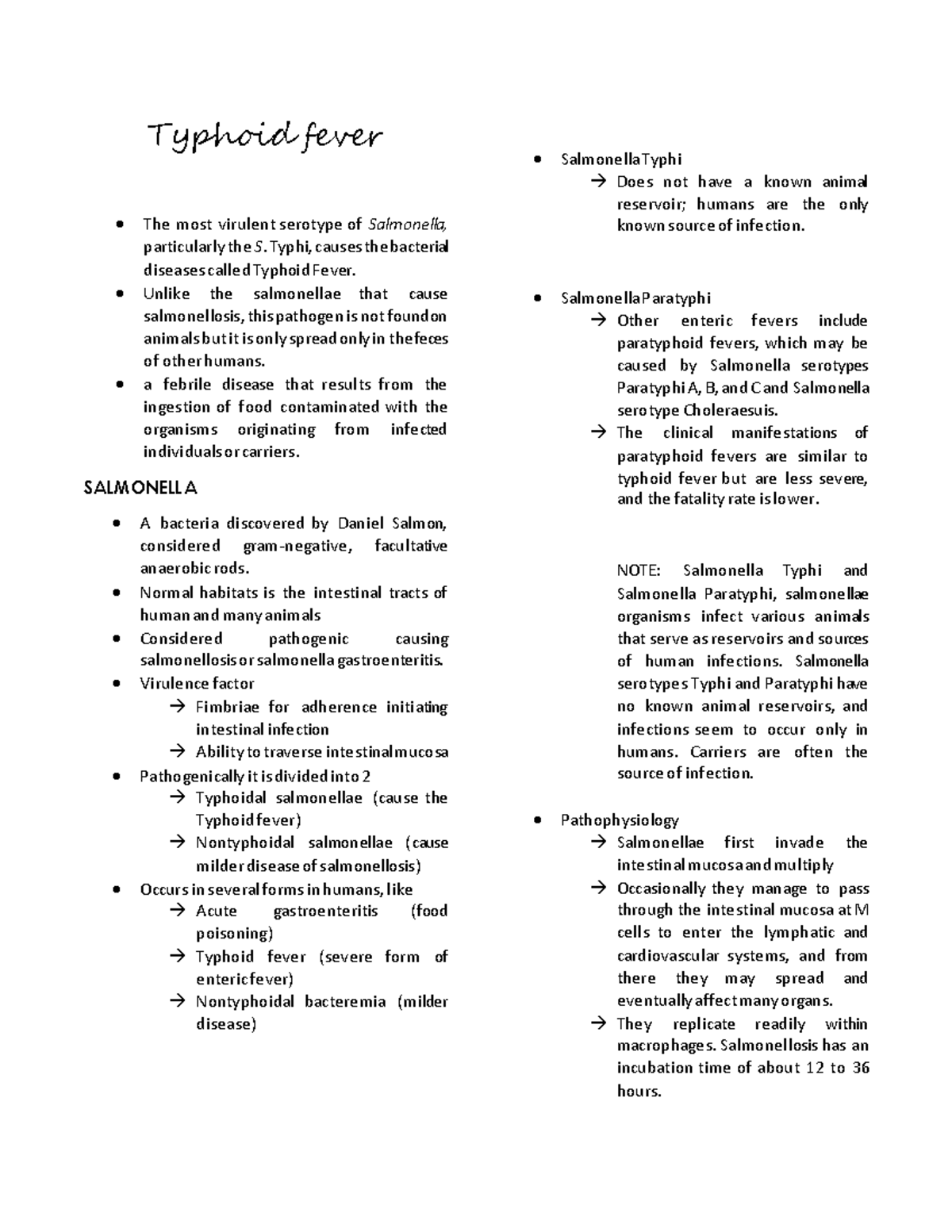 Typhoid- Fever- Notes - IMMUNOLOGY - Typhoid fever The most virulent ...
