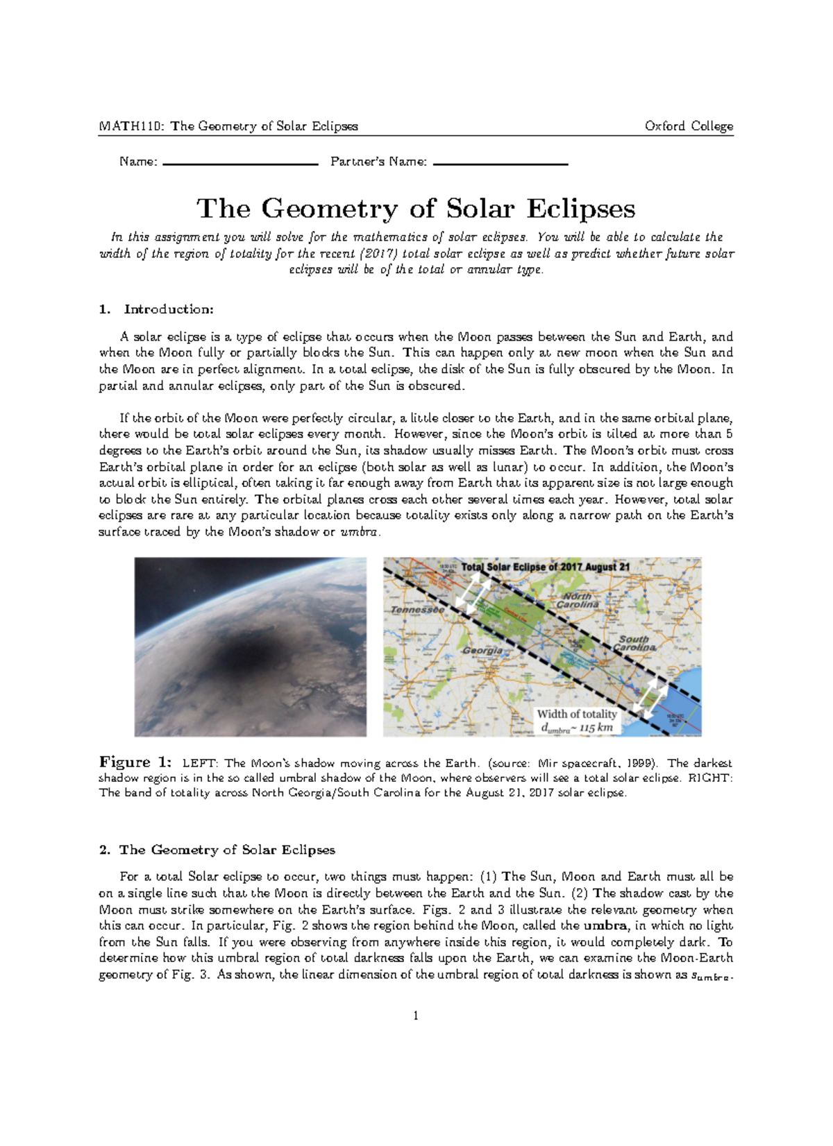 Project 1 - Name: Partner’s Name: The Geometry of Solar Eclipses In ...