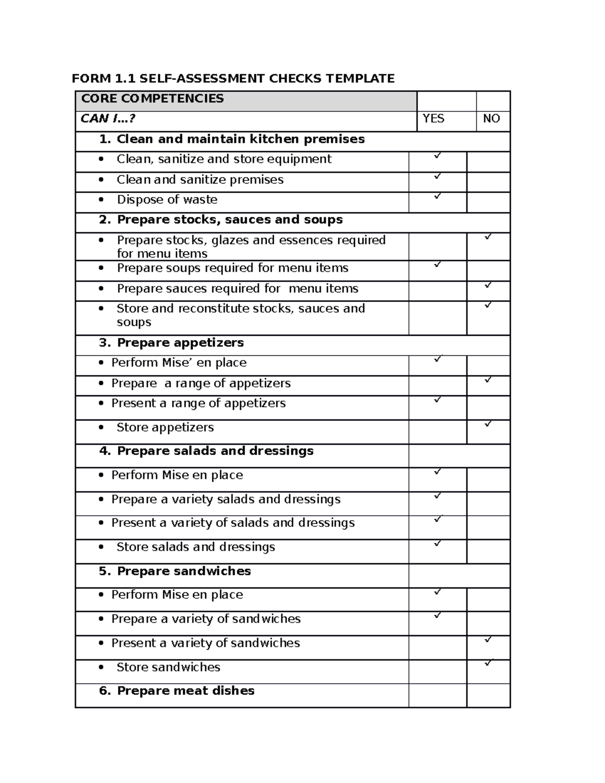 SELF- Check- Template - Its realable - FORM 1 SELF-ASSESSMENT CHECKS TEMPLATE CORE COMPETENCIES ...
