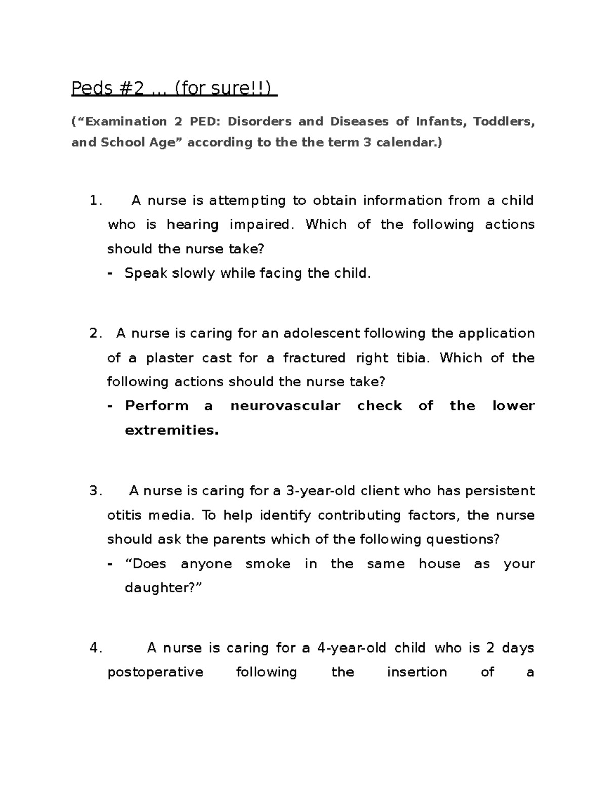 Peds #2 sem 3 NEW - Peds Quiz Summary review - Peds #2 ... (for sure ...