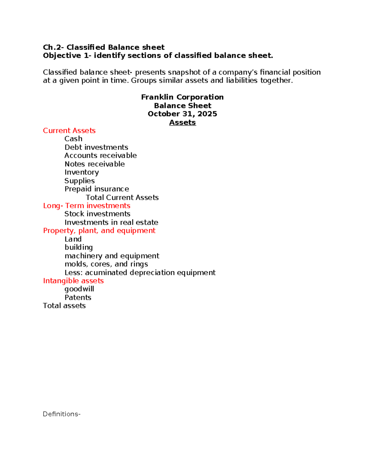 Review for chapter 2 - Ch- Classified Balance sheet Objective 1 ...