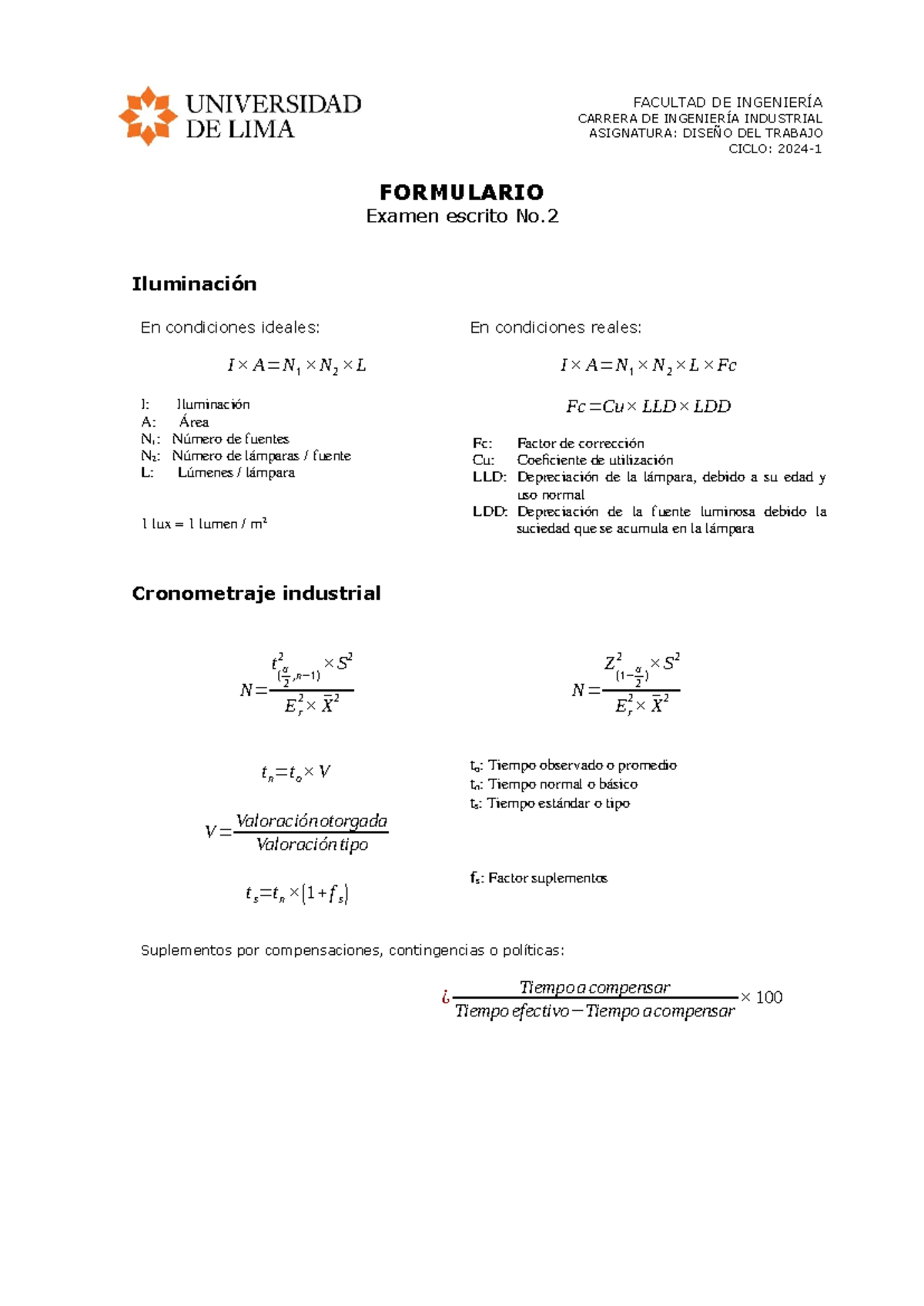 2024-1 Formulario EE2 - FACULTAD DE INGENIERÍA CARRERA DE INGENIERÍA INDUSTRIAL ASIGNATURA ...