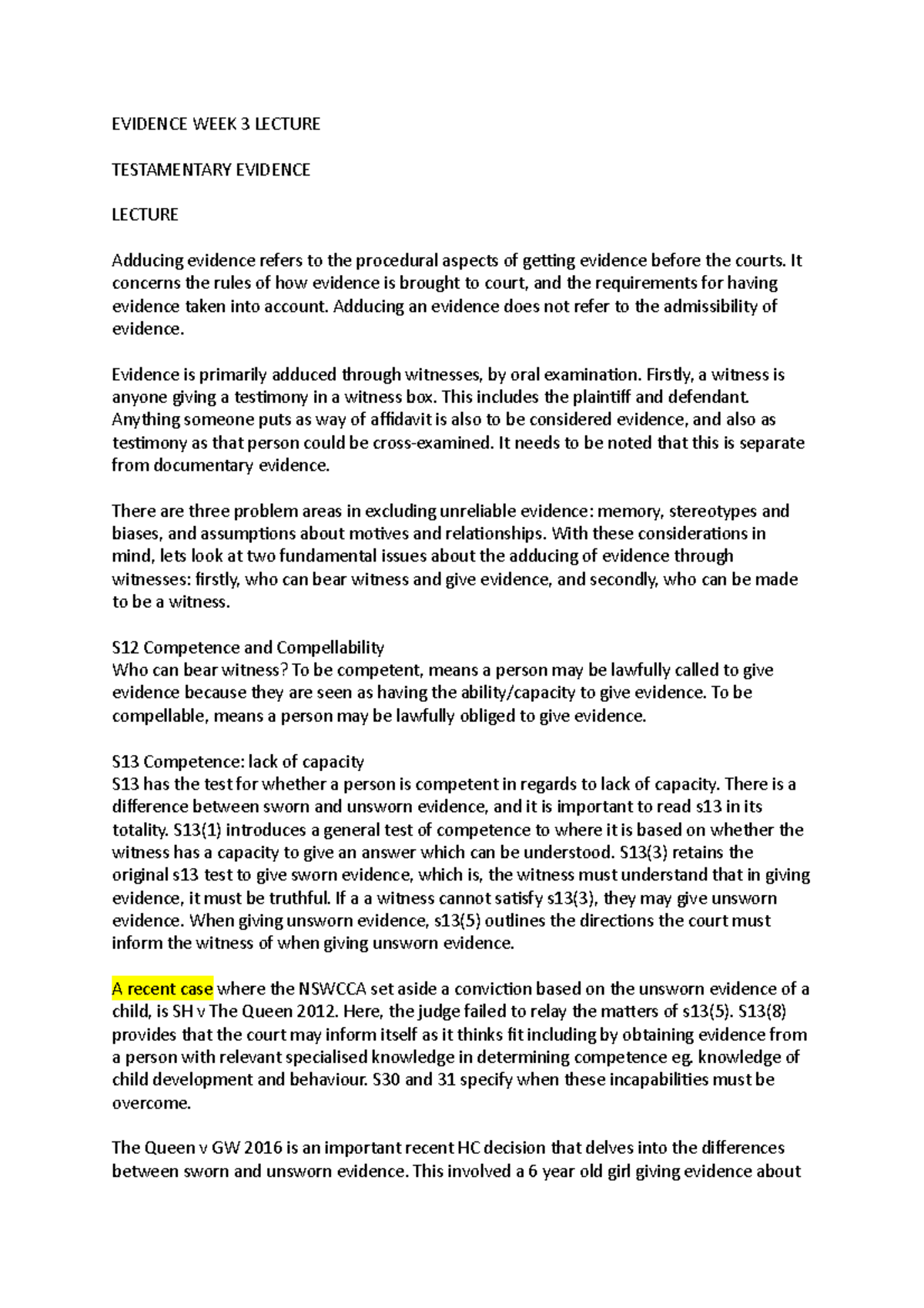 Evidence WEEK 3 Lecture - EVIDENCE WEEK 3 LECTURE TESTAMENTARY EVIDENCE ...