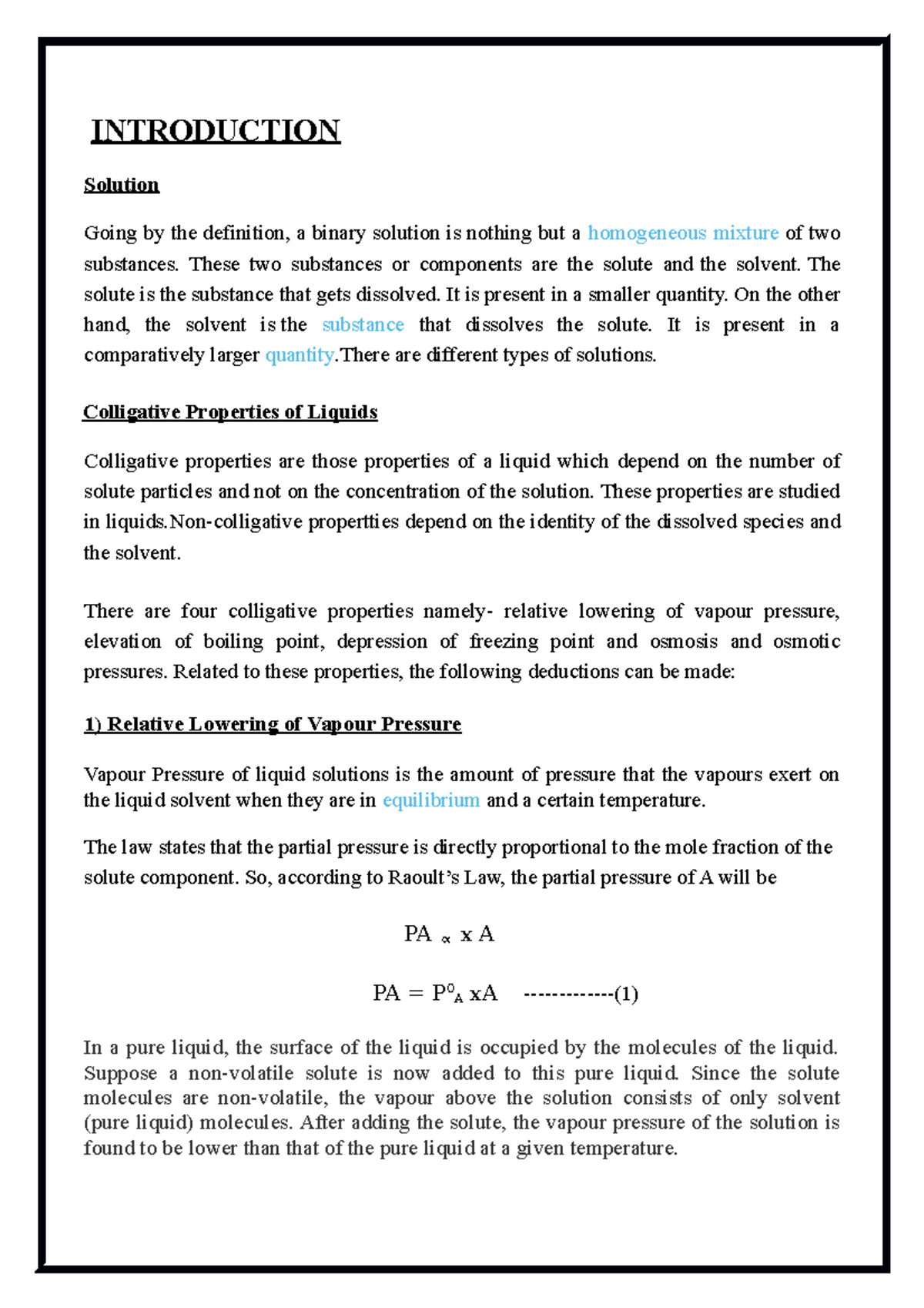 Colligative properties of liquid - INTRODUCTION Solution Going by the ...