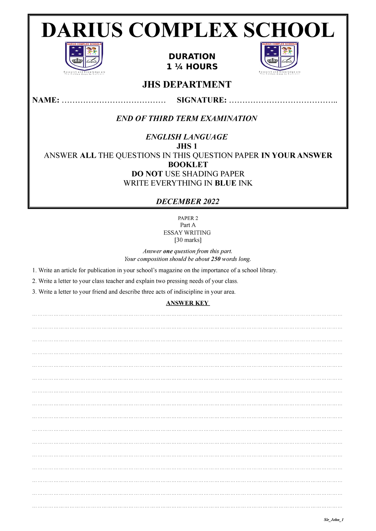 English J1 - Practice questions for basic schools. - DARIUS COMPLEX ...