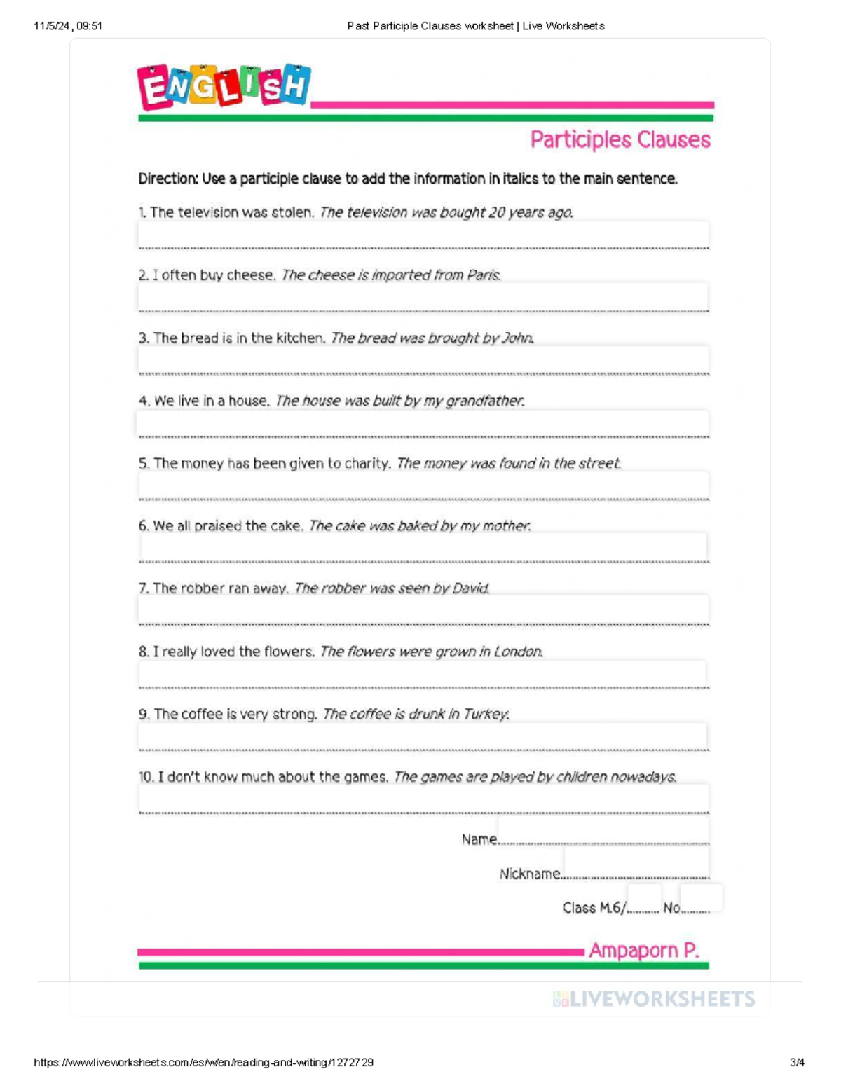 Past Participle Clauses worksheet Live Worksheets - Ingles II - 11/5/24 ...
