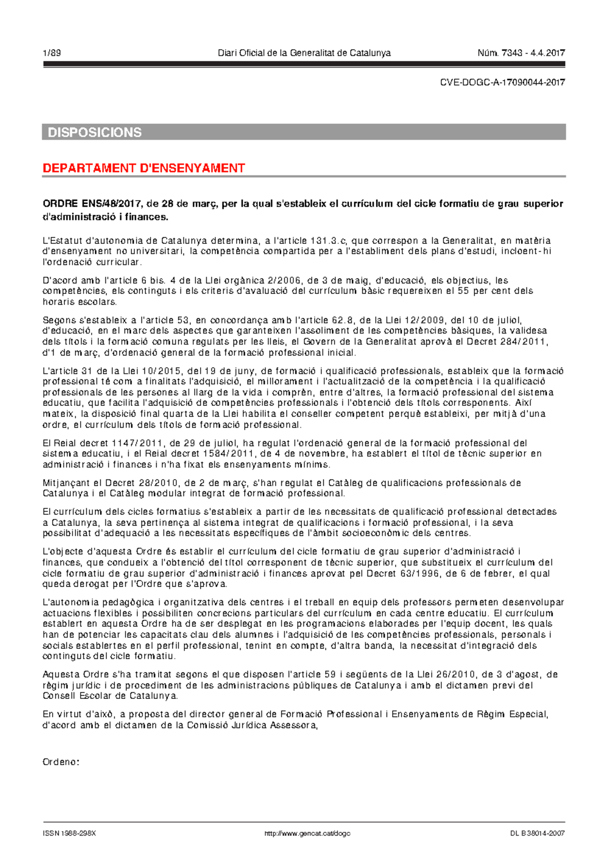 1602318 - DISPOSICIONS DEPARTAMENT D'ENSENYAMENT ORDRE ENS/48/2017, de ...