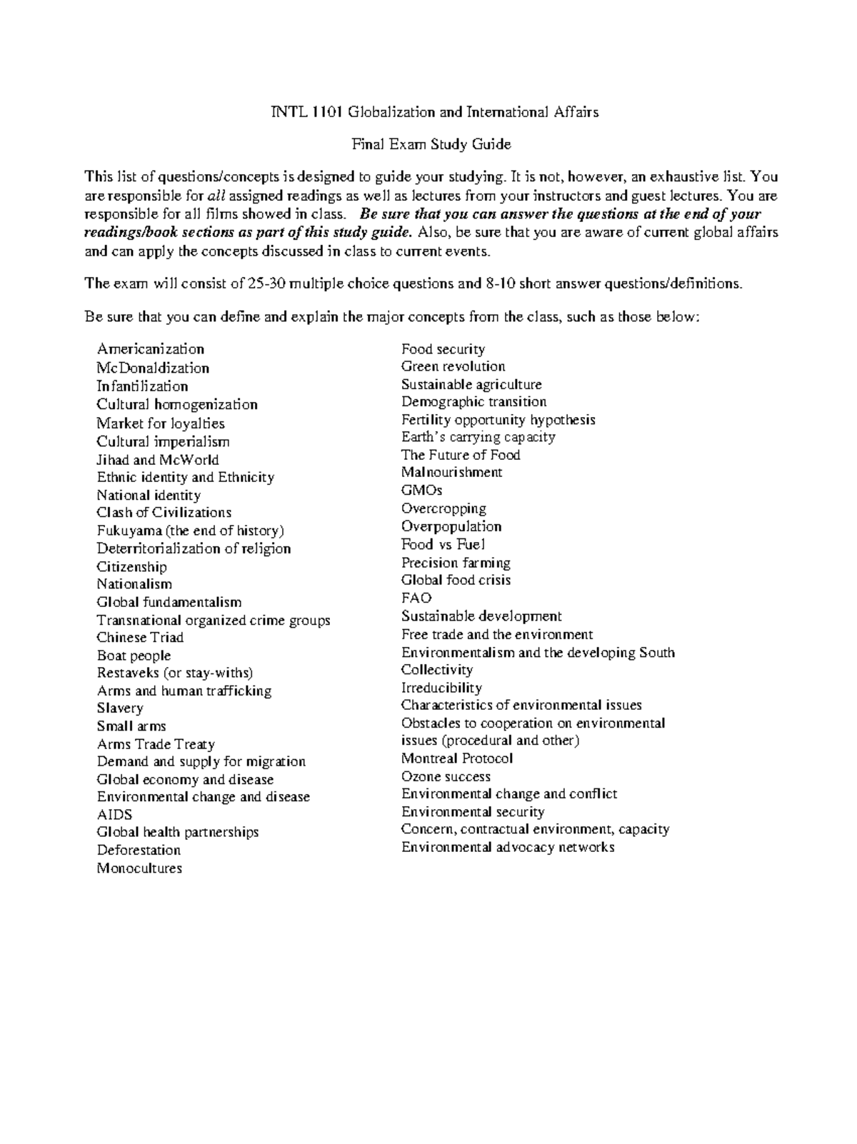 Final exam study guide - INTL 1101 Globalization and International ...