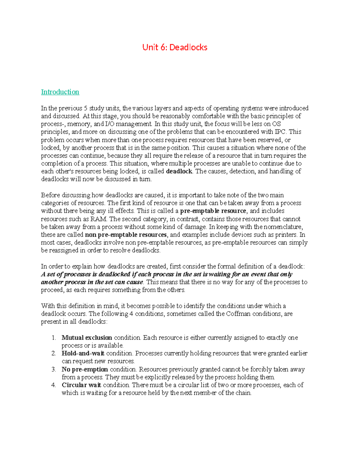 CMPG324 Chapter 6 Deadlocks - Unit 6: Deadlocks Introduction In the previous 5 study units, the ...