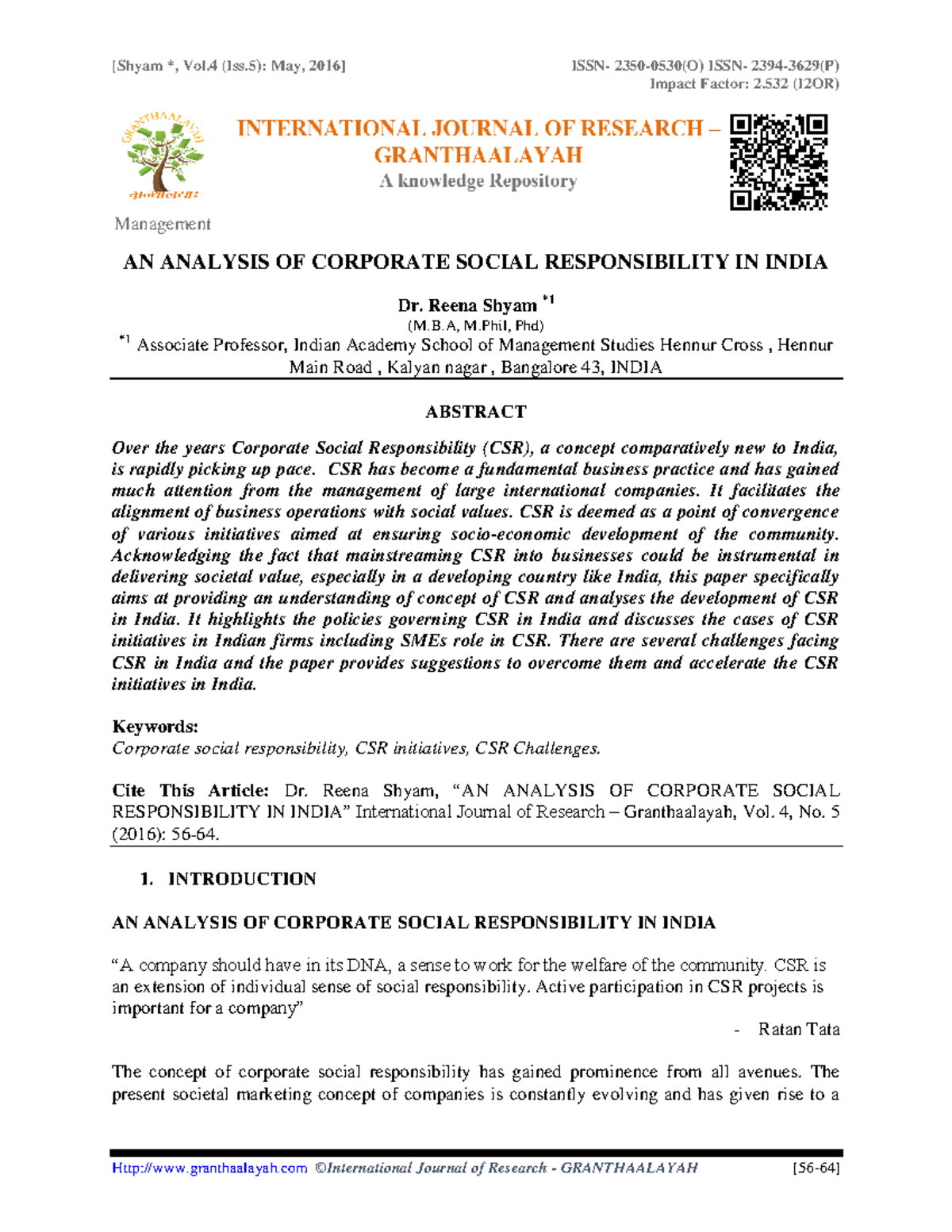 Research paper on CSR - Impact Factor: 2 (I2OR) Management AN ANALYSIS ...