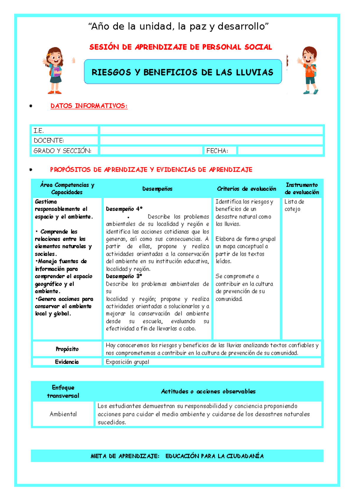 Sesion Riesgos Y Beneficios DE LAS Lluvias - SESIÓN DE APRENDIZAJE DE PERSONAL SOCIAL DATOS ...