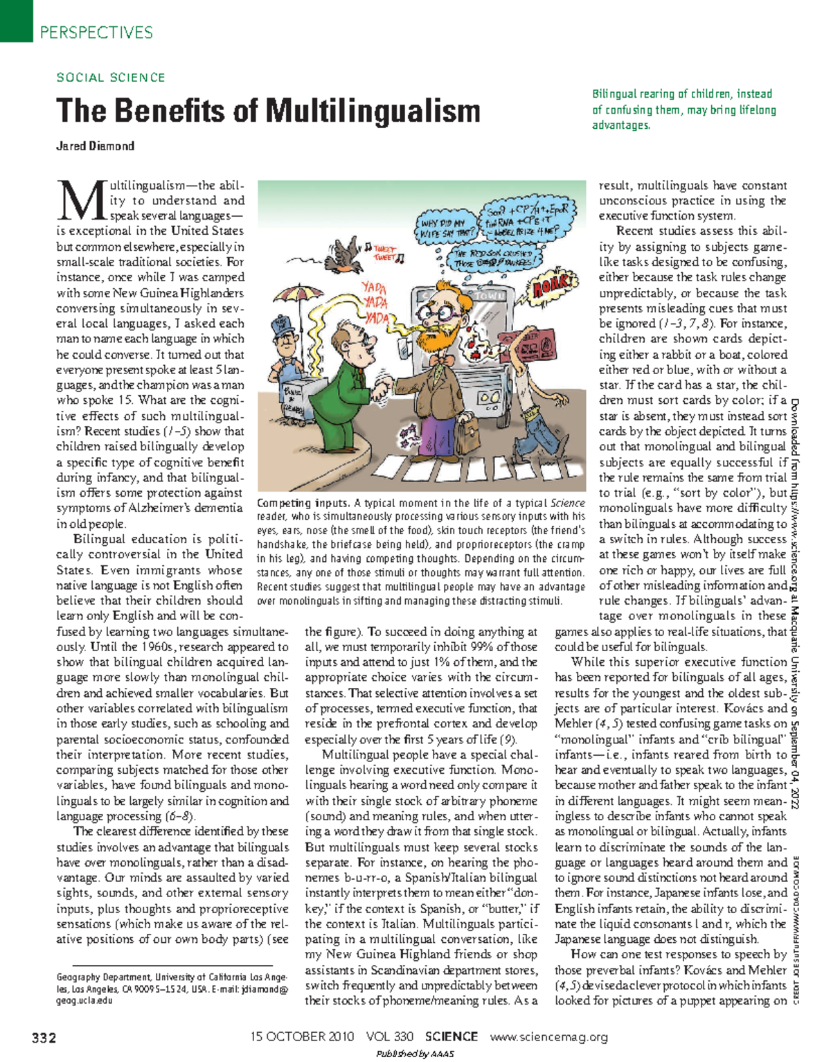 Benefits of Multilingualism - 332 15 OCTOBER 2010 VOL 330 SCIENCE ...