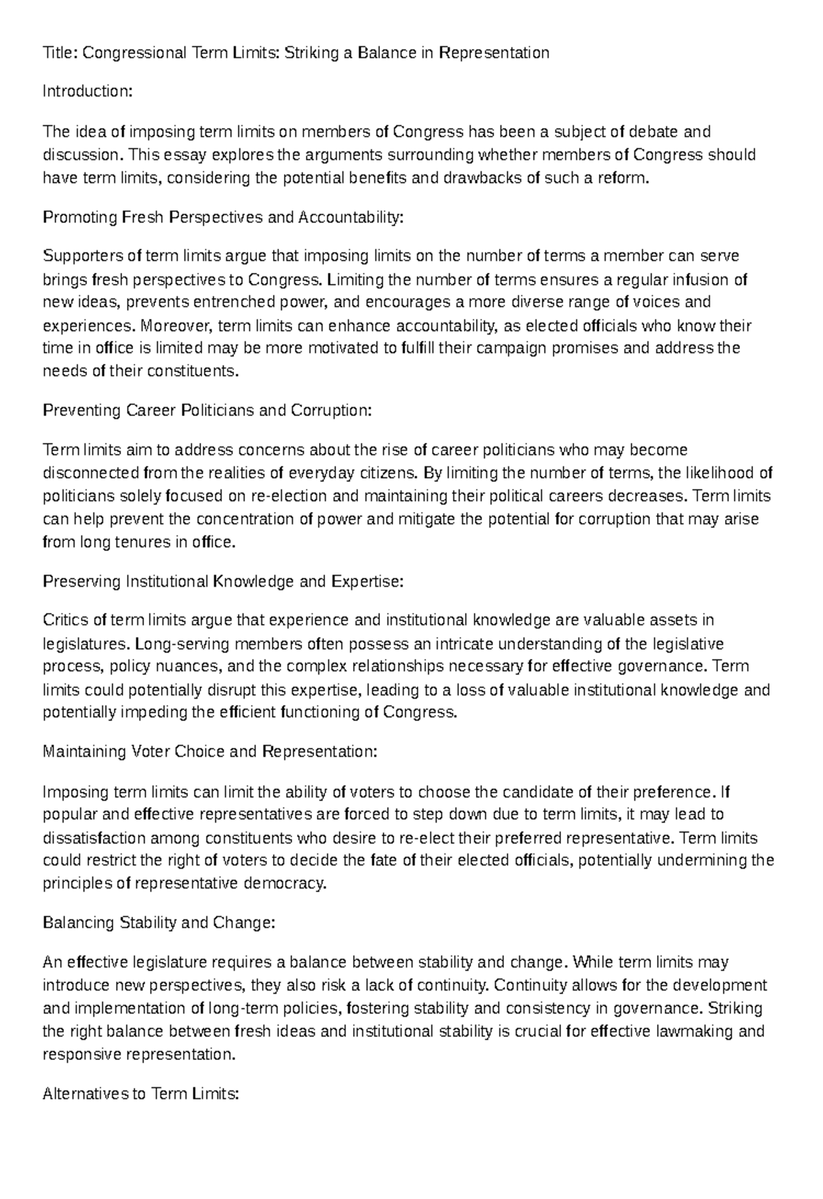 Title Congressional Term Limits Striking a Balance in Representation ...