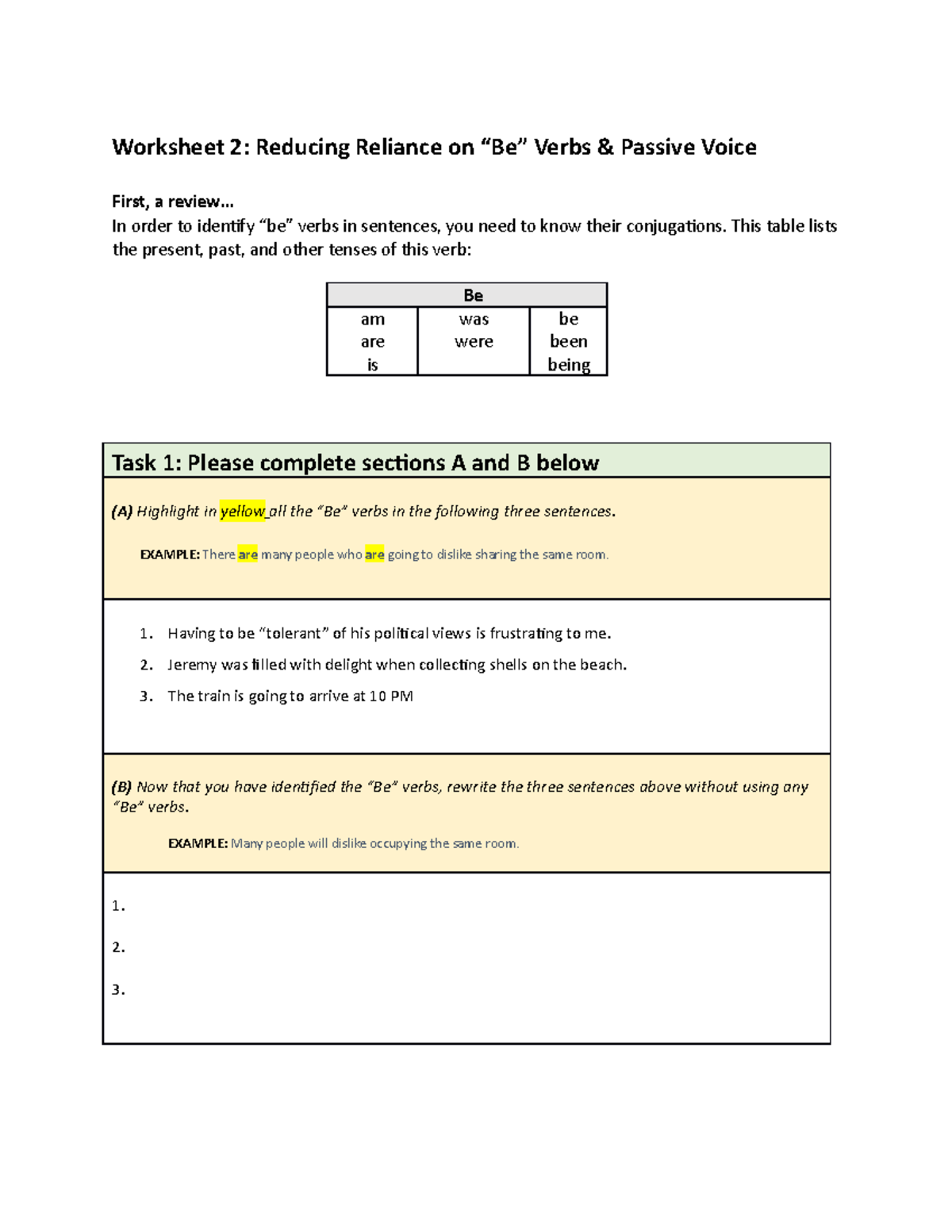 Worksheet 2 - Reducing Reliance on Be Verbs and Passive Voice ...