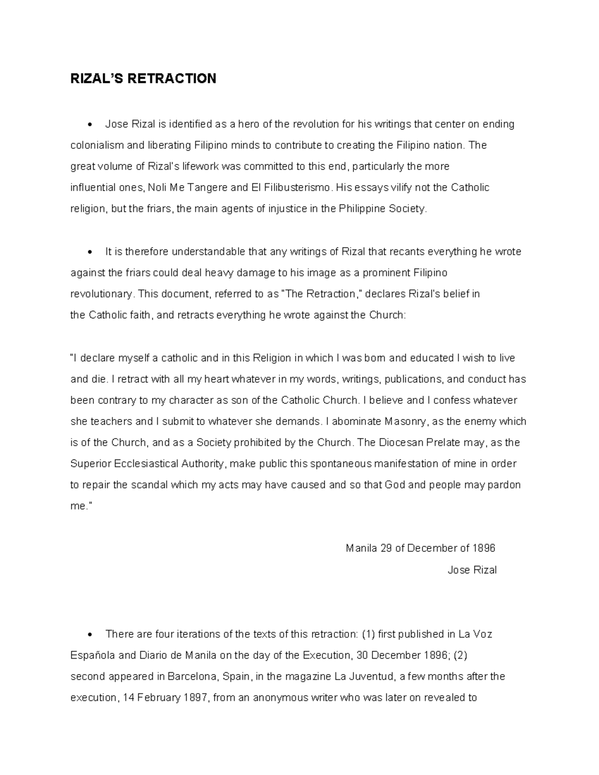Rizal's Retraction - RIZAL’S RETRACTION Jose Rizal is identified as a ...