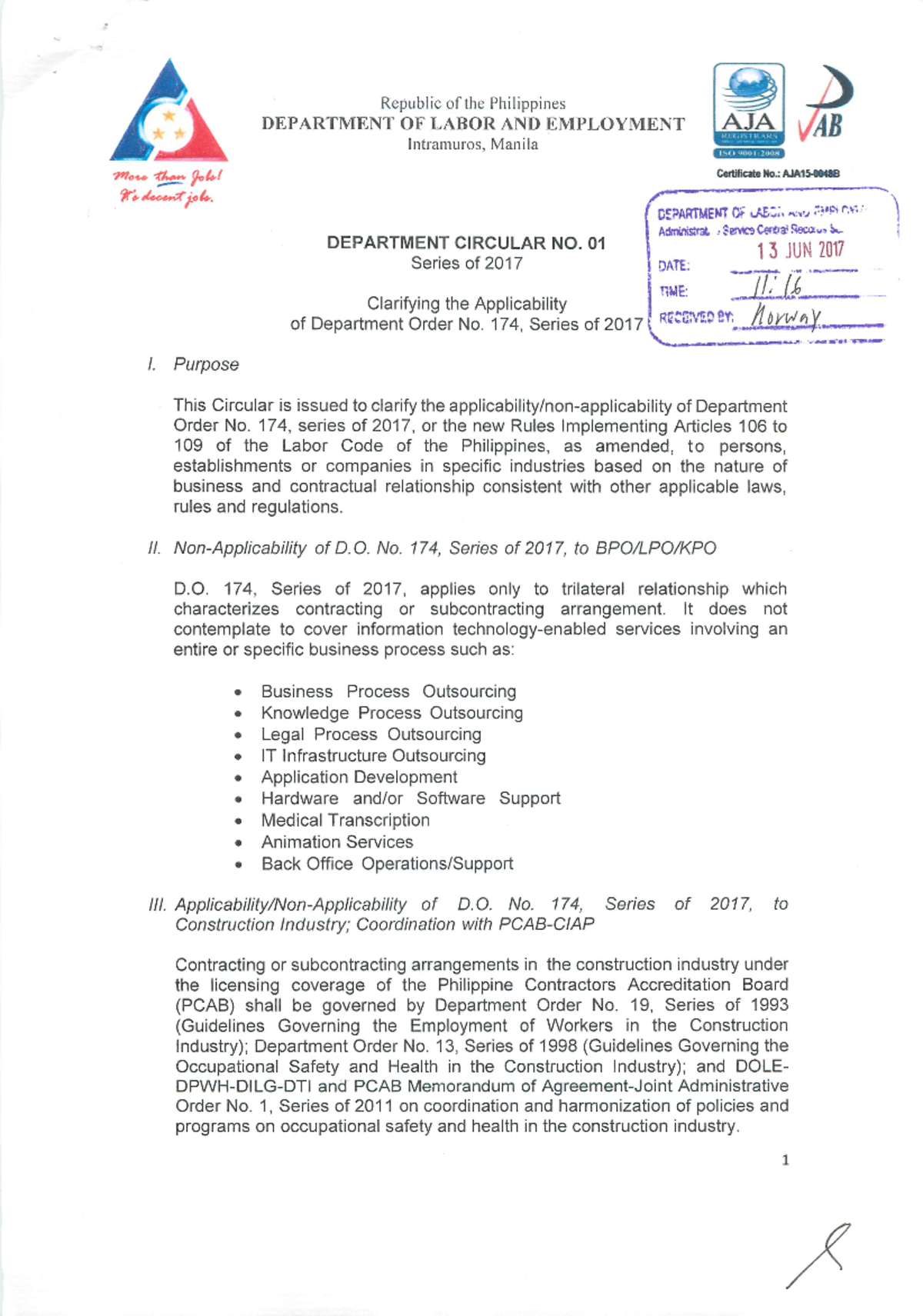 Department circular no 01 17 clarifying the applicability of department order no 174 series of ...