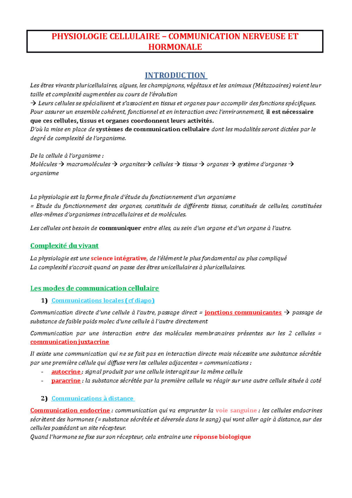 1. Physiologie cellulaire Intro - PHYSIOLOGIE CELLULAIRE ...