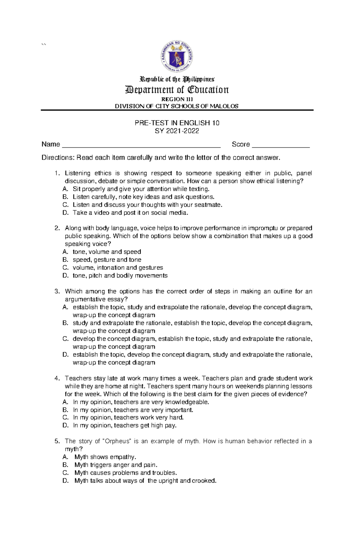 Grade 10 English Test Items - `` Republic of the Philippines Department ...