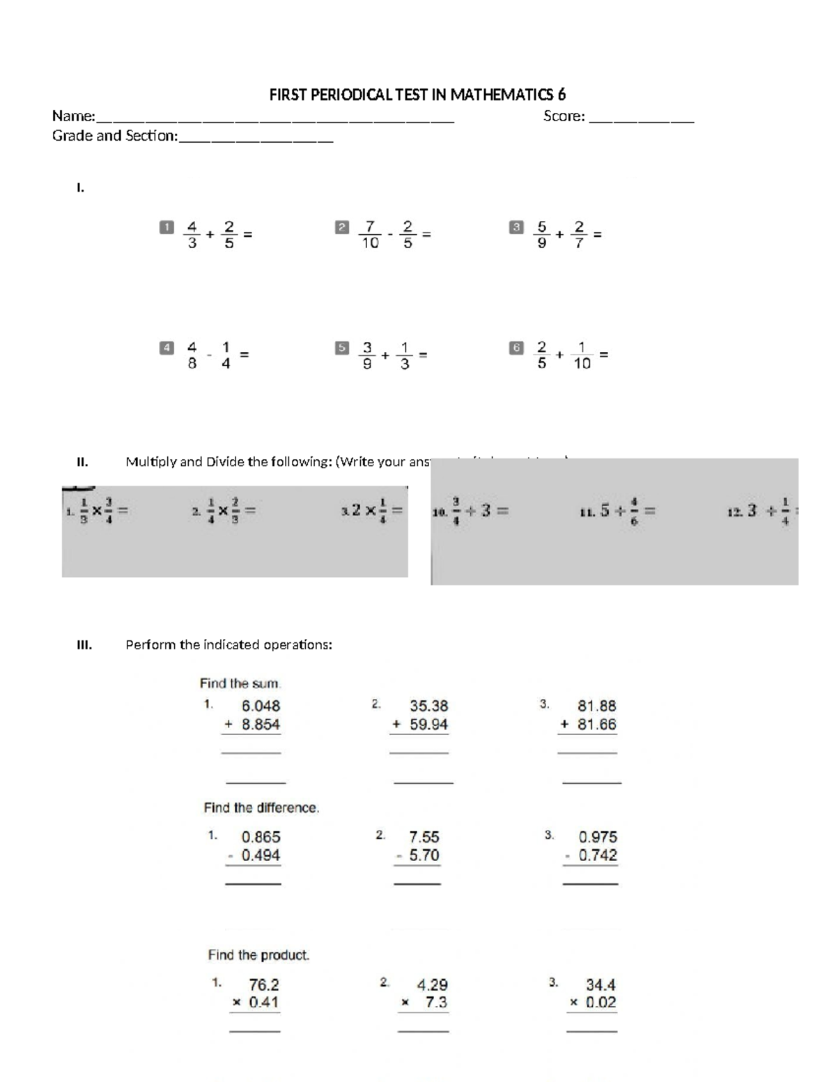 First Periodical TEST IN Mathematics 6 - TLE-G7 AFA Matatag Curriculum ...