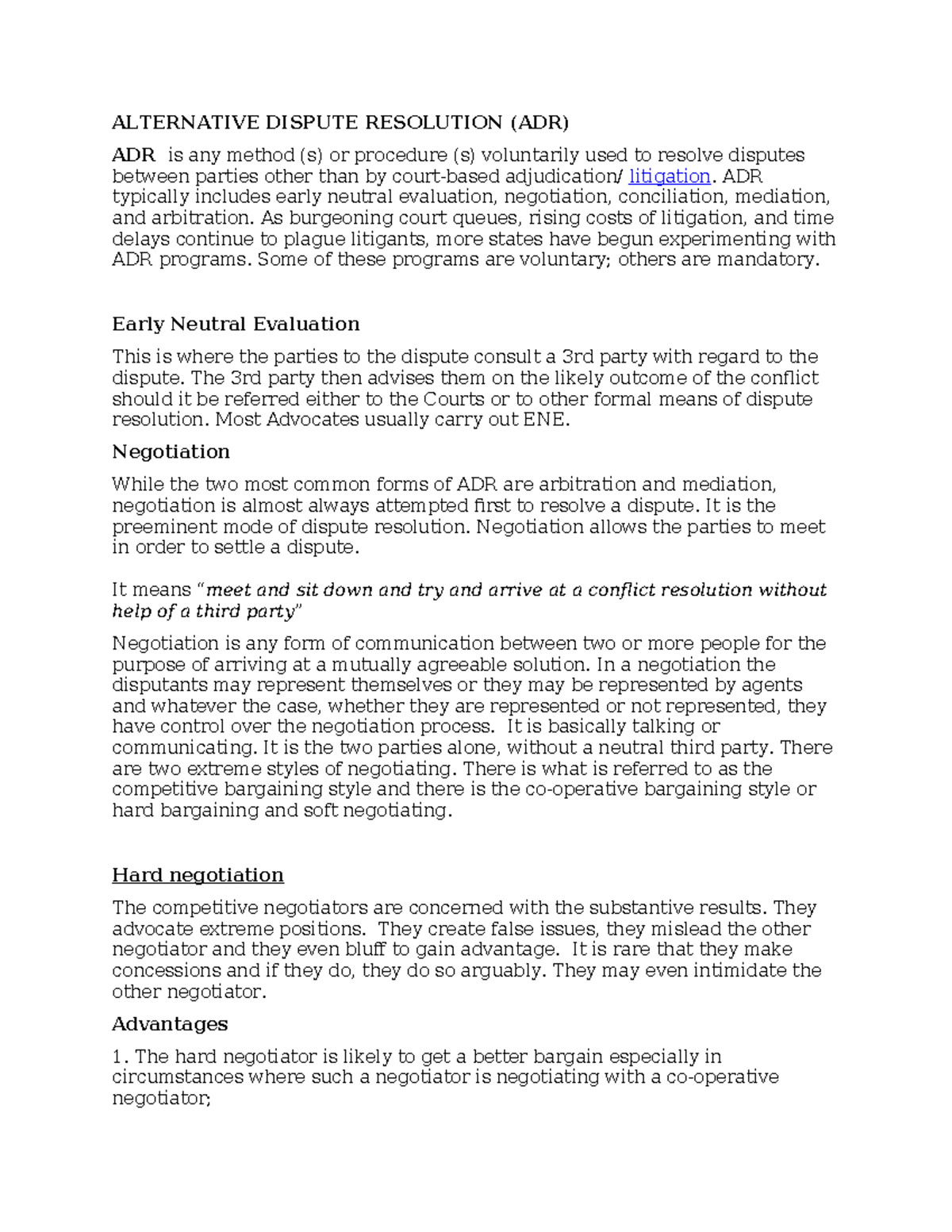 Alternative Dispute Resolution notes - ALTERNATIVE DISPUTE RESOLUTION ...
