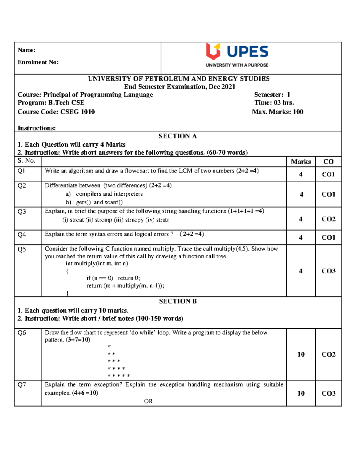 PPL SEM 1 - this is a pdf with ppl sem 1 - Name: Enrolment No ...