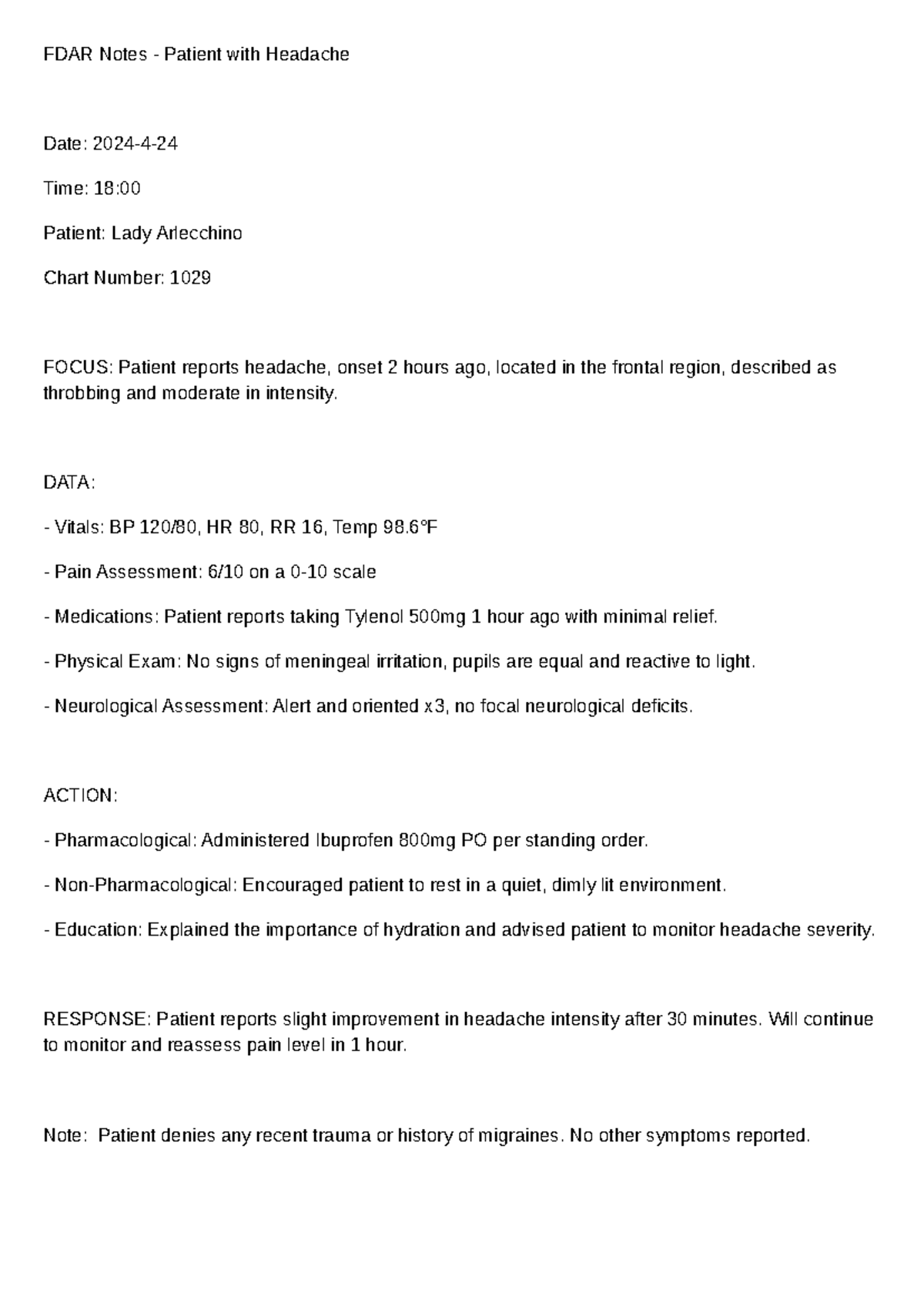 FDAR Notes - Patient with Headache 20240921 110331 0000 - FDAR Notes ...