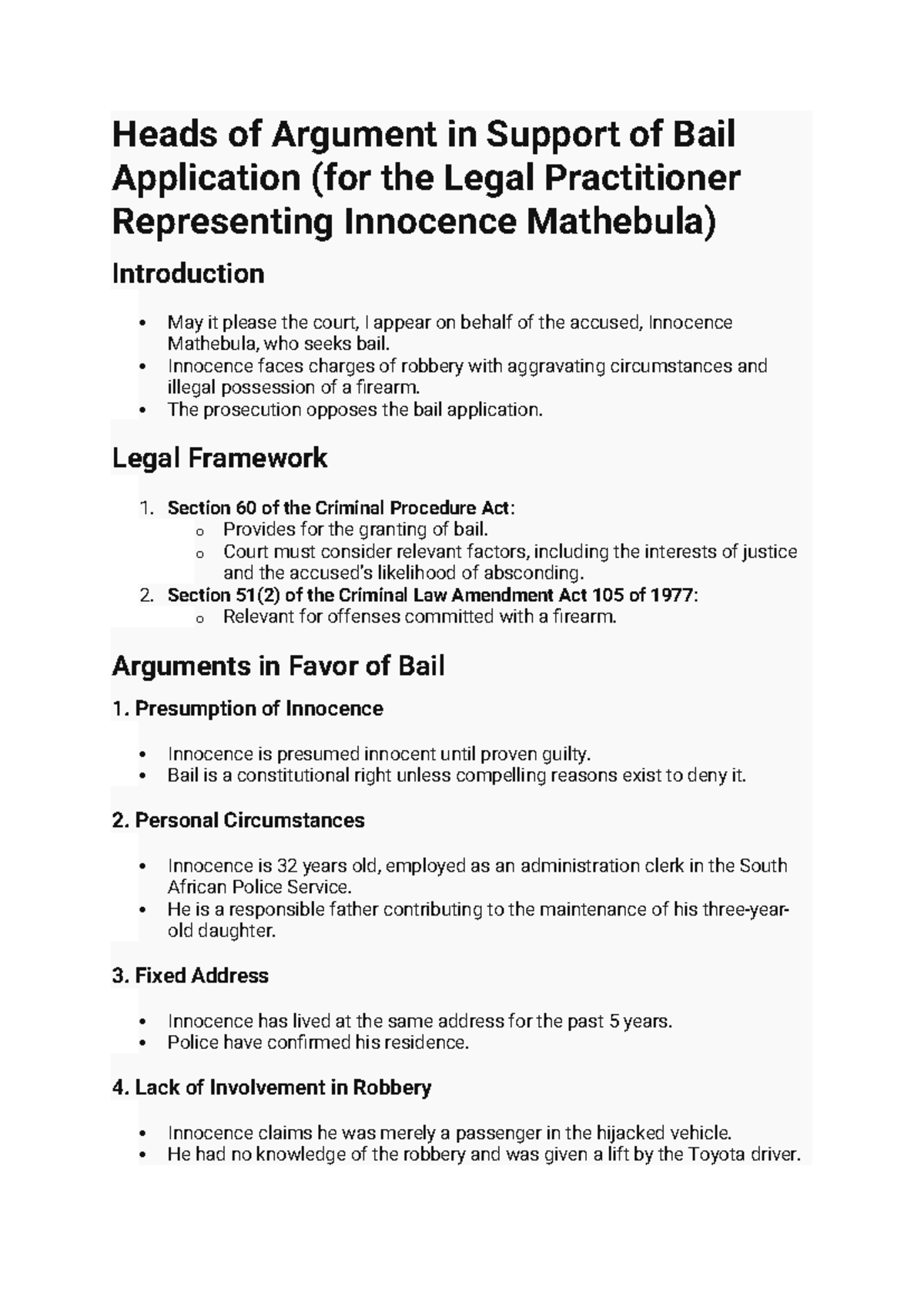 Heads of Argument in Support of Bail Application - Innocence faces ...